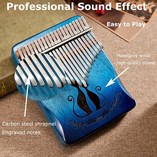 LvPets Kalimba 21 Key Thumb Piano Premium Mahogany Cat Lovers Pattern Finger Piano Handhold Mbira Portable Musical Instrument Gift for Kids Amateur and Beginner (Gradient Blue)