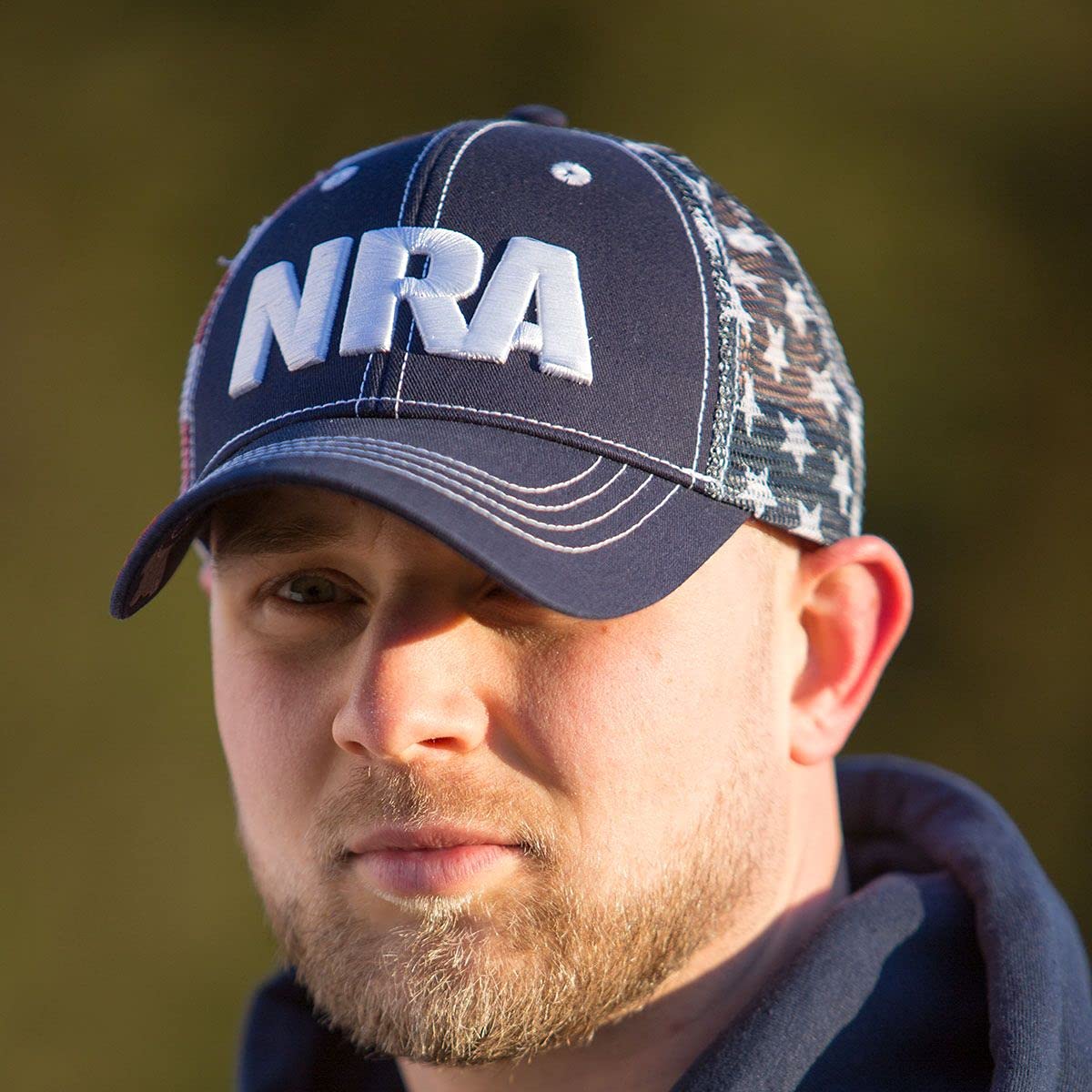 NRA, National Rifle Association Baseball Cap, Mesh Backing, Cotton Hat Features Logo with American Flag Design, Blue