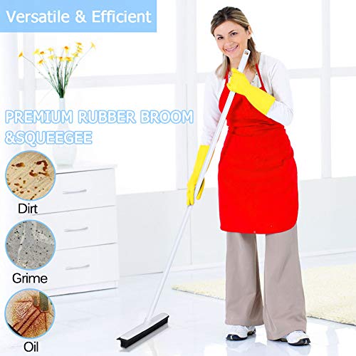 Push Broom, Soft Bristle Rubber Sweeper Squeegee Edge with 60 inches Adjustable Long Handle, Non Scratch Bristle Broom for Pet Dog Hair Carpet Hardwood Floor Tile Windows Cleaning (White)