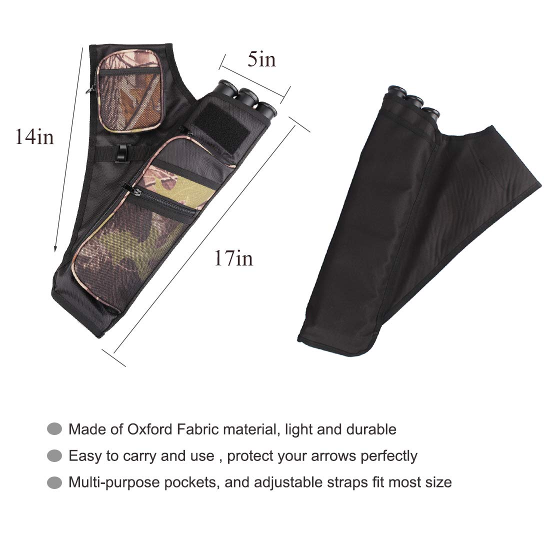 KRATARC 3-Tubes Hip Quiver Waist Hanged Arrow Archery Carry Bag with Pockets Adjustable Belt (Black) (Camo)