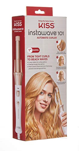 KISS Instawave 101 Automatic Rotating Curling Iron, 1 Inch Pearl Ceramic Tourmaline Barrel Heats Up to 400°, 2 Directional Spinner, Rose Gold Finish, 1.07 Lbs.