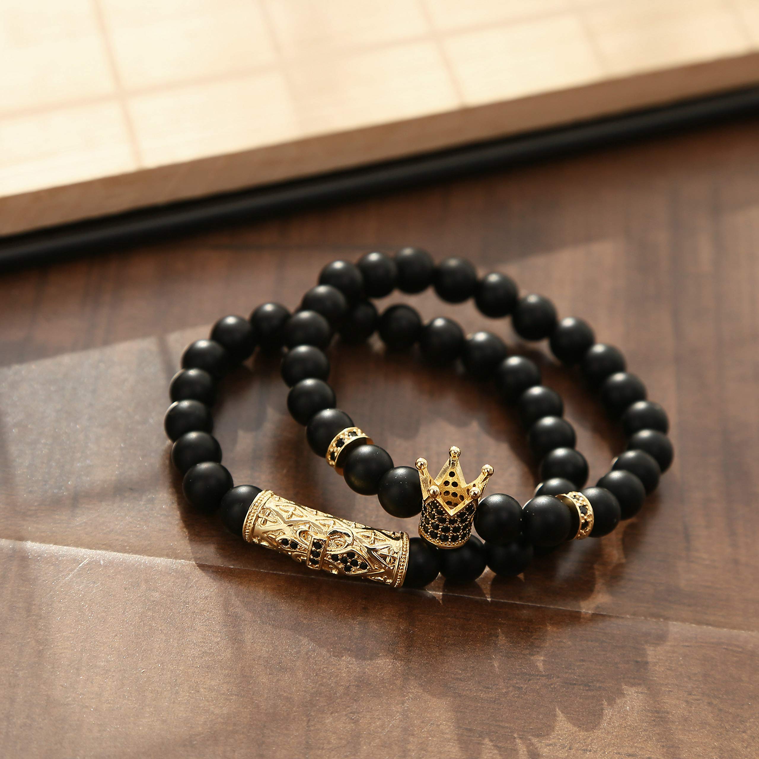KAMRESH 8mm Beads Bracelets Black Matte Onyx Stone Bracelet Sets Charm King Crown for Women Men Jewelry