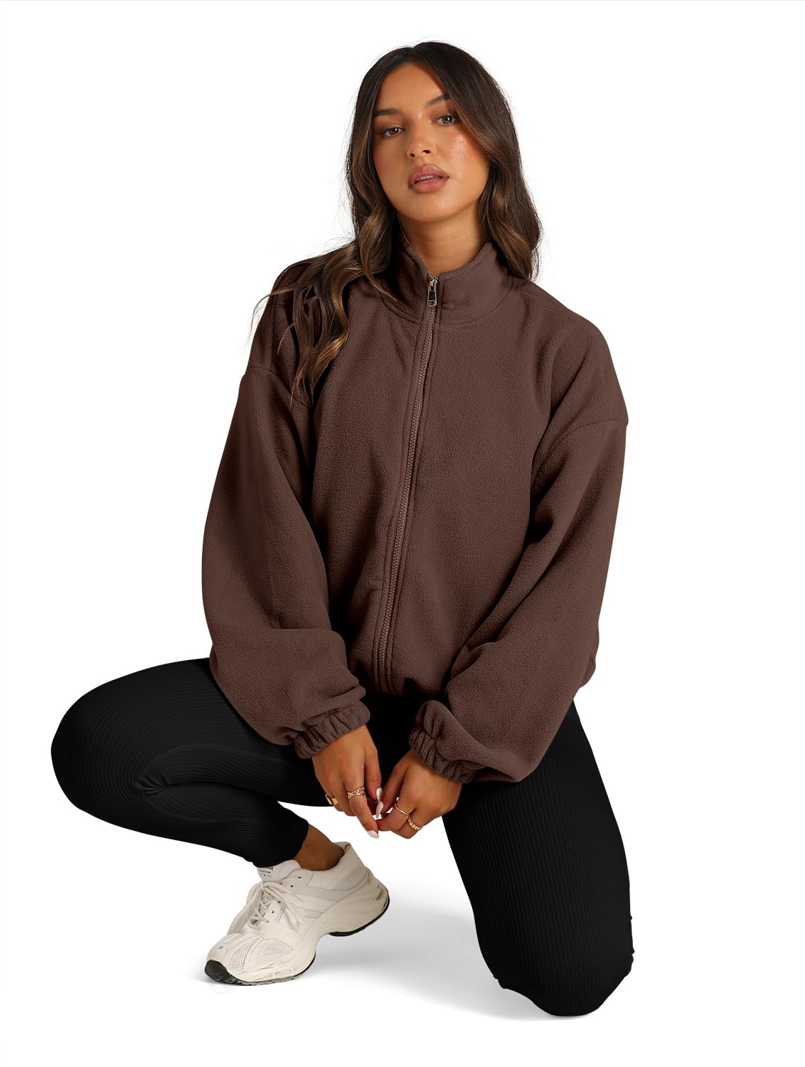 JZC Women's Zip Fleece Short Jacket Warm Winter Long Sleeve Sweatshirt Sherpa Crop Coat Brown Small
