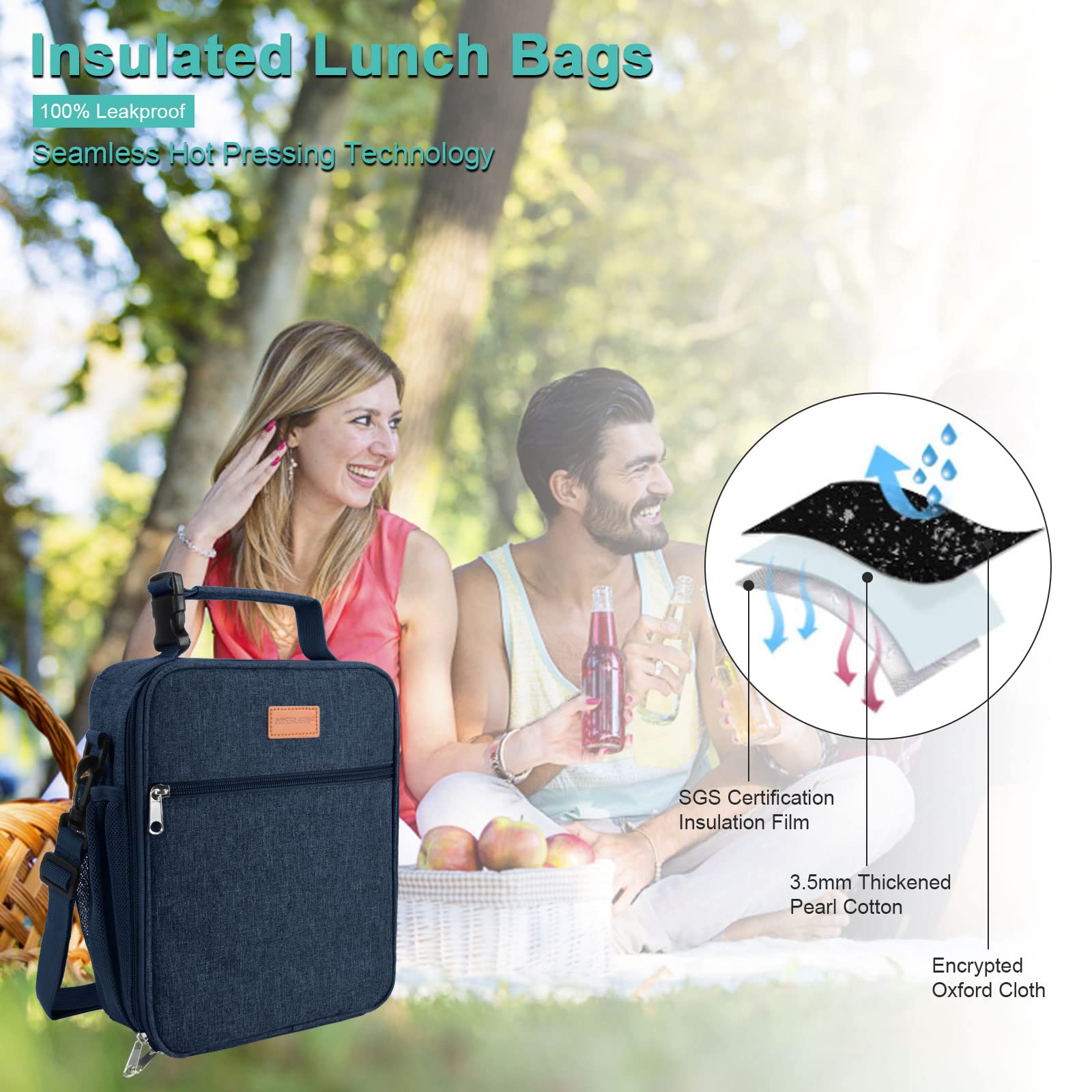 kissleaf Insulated Lunch Bag, Reusable Lunch Box for Men Women, Leakproof Cooler Small Lunch Bag with Adjustable Shoulder Strap for Adults Small