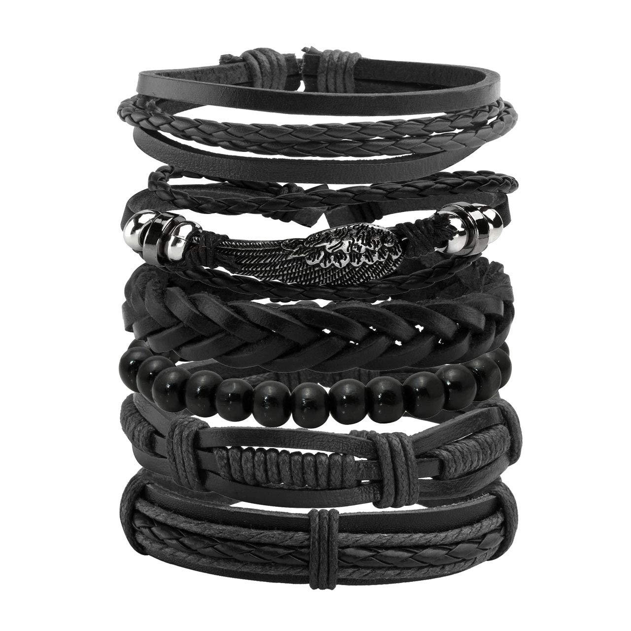 Mafnee Manfnee 6PCS Braided PU Leather Bracelet Punk Rock Cuff Wrap Bracelets for Men Women Adjustable Black