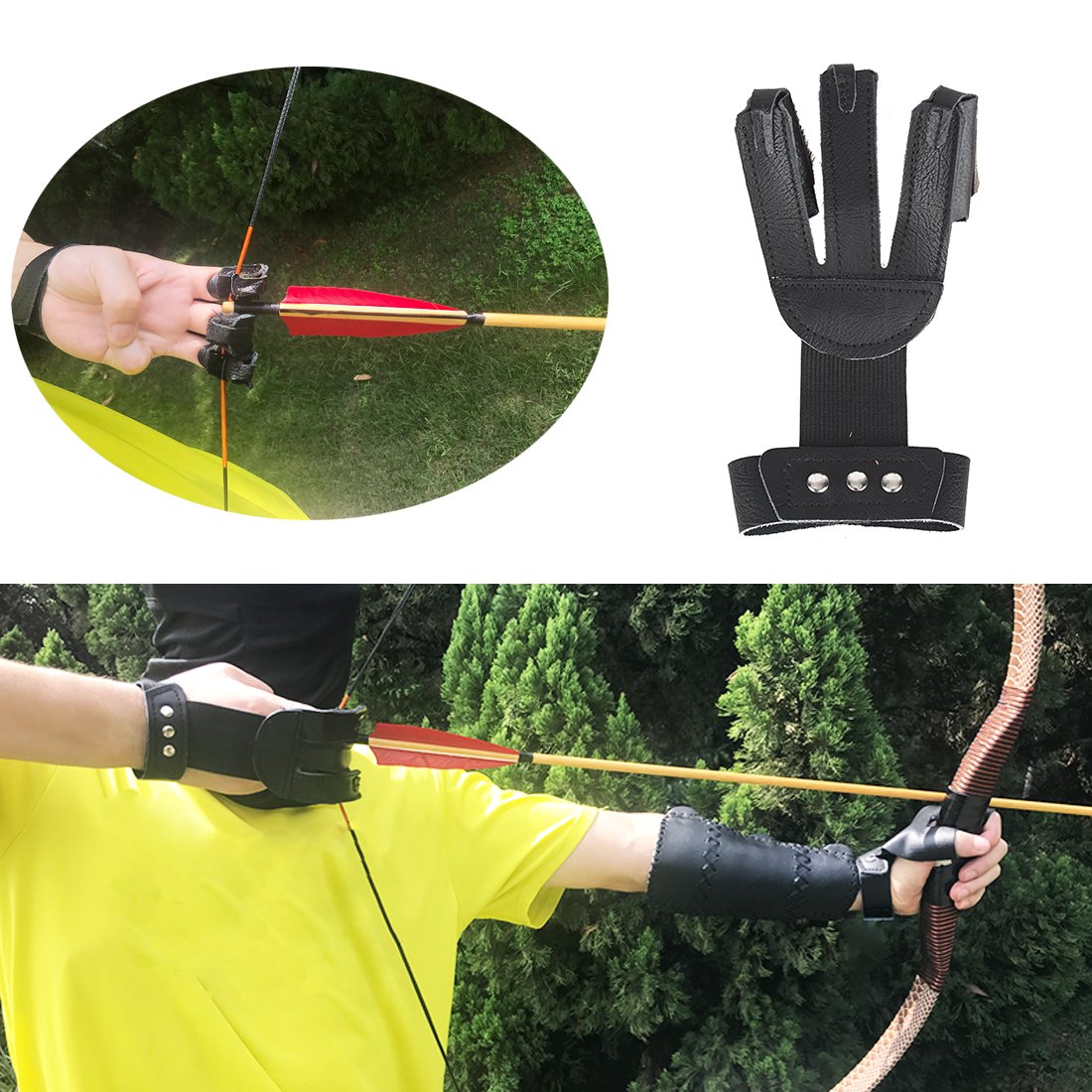 KRATARC Adult Youth Archery Leather Gloves Finge Arrow Bow Archery Accessories (Black-Youth Size)