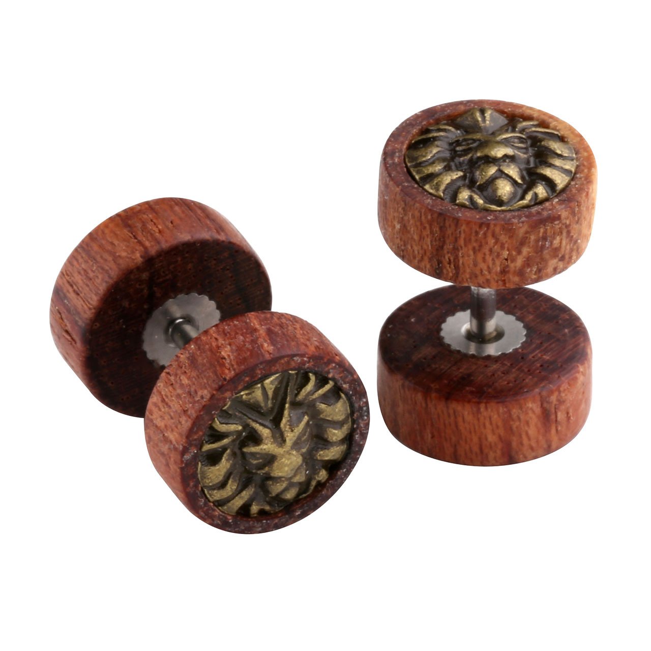 Jovivi 3 Pairs Organic Sono Wood Lion Head/Tree Life Fake Ear Plugs Cheater Gauges 10mm Illusion Screw Stud Earrings