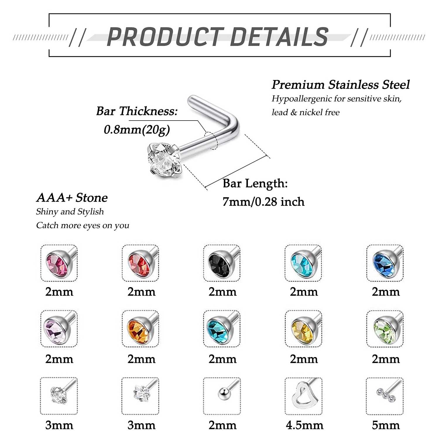 Jstyle 50Pcs 18G 20G L Shape Nose Studs Nose Ring Stud Stainless Steel Nose Piercings for Men Women CZ Clear Nose Stud Set L