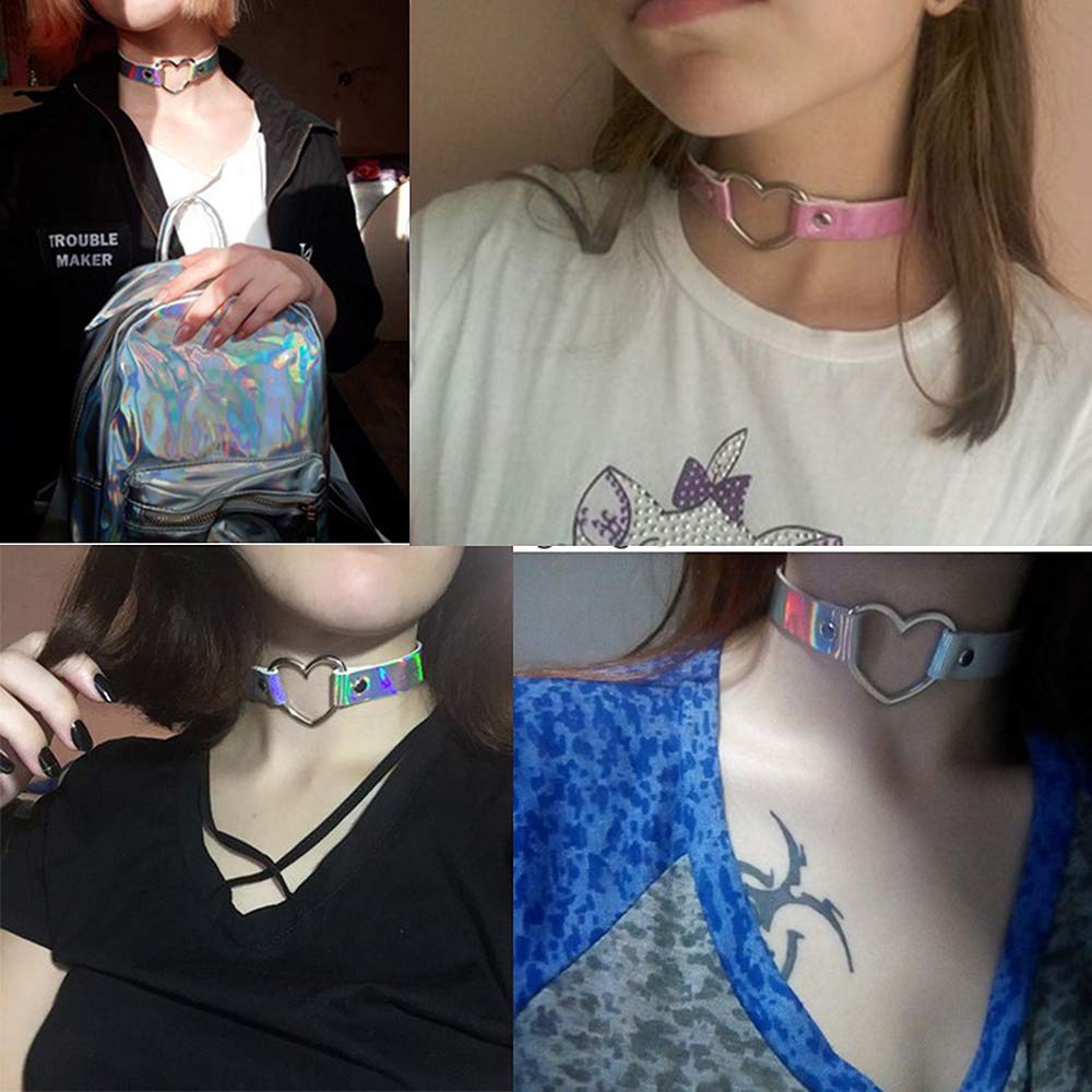 Jurxy 3PCS Heart Choker Necklace PU Leather Goth Choker Collar with Heart Punk Fluorescence Collar Adjustable Size – Blue White Pink