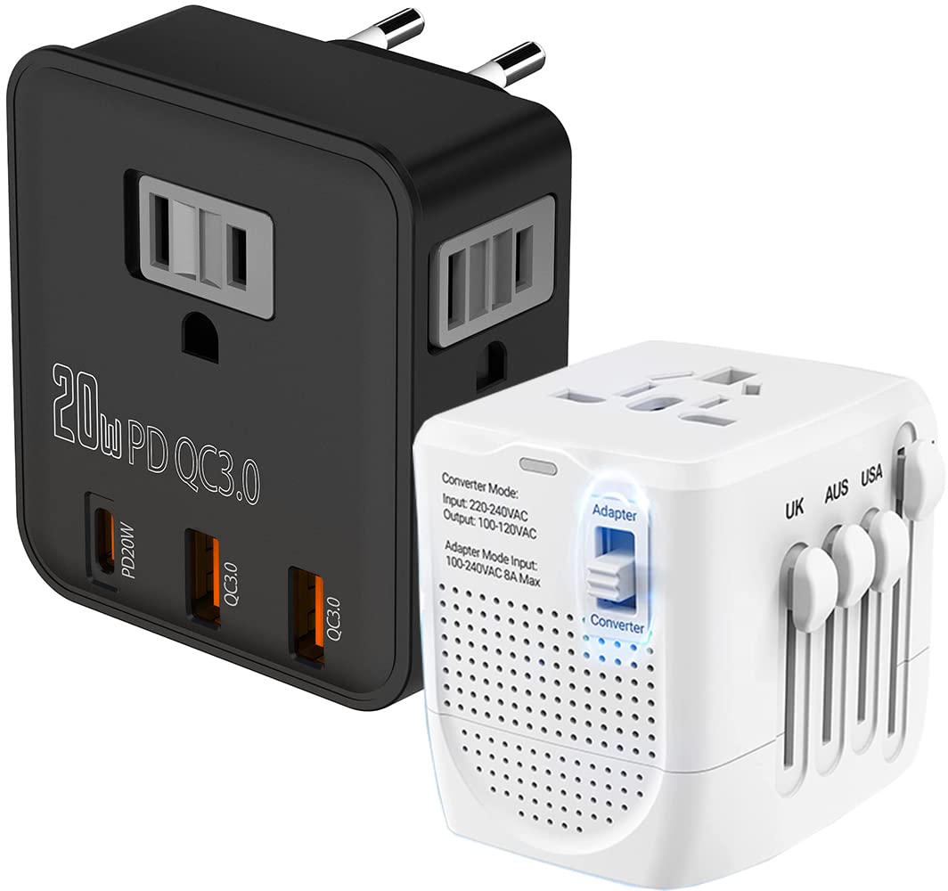 Step Down 220V to 110V Adapter and Voltage Converter Combo + European Travel Plug Adapter with Fast Charger