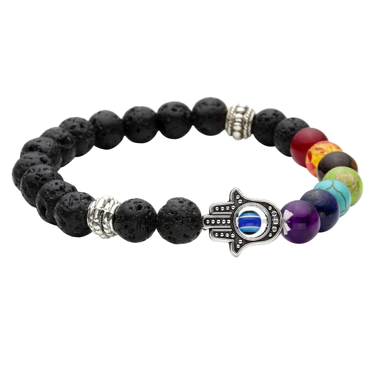 Jovivi 7 Chakras Gemstone Beaded Crystal Bracelet Hamsa Hand Evil Eye Natural Lava Rock Stone Essention Oils Diffuser Reiki Healing Balancing Round Beads Bracelet