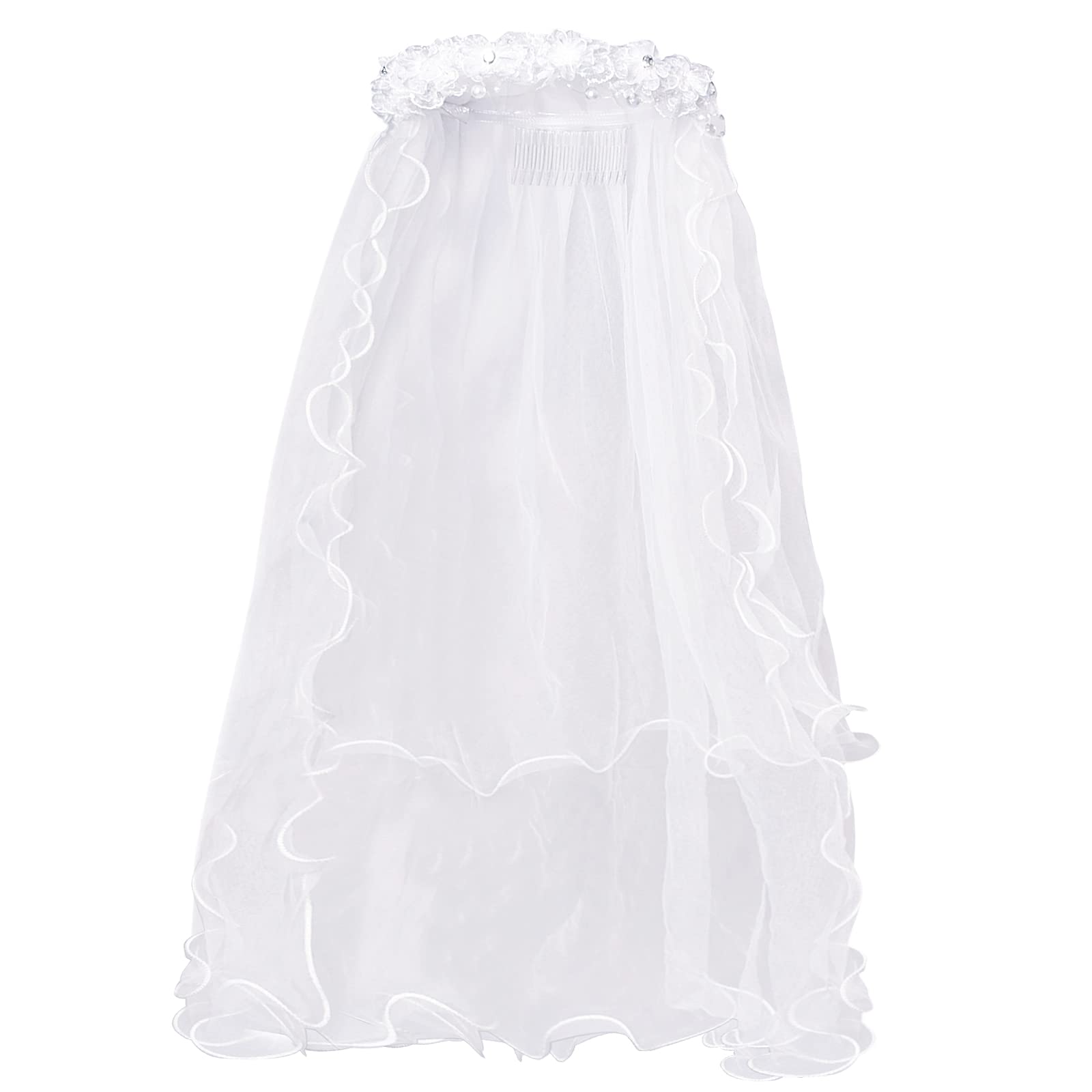 Lystaii Girls Bowknot Rhinestone Flower Veil Girls First Holy Communion Headband Hair Wreath Floral Crown Pearls Crystal Lace Headpiece Veil with Comb White for Wedding Party