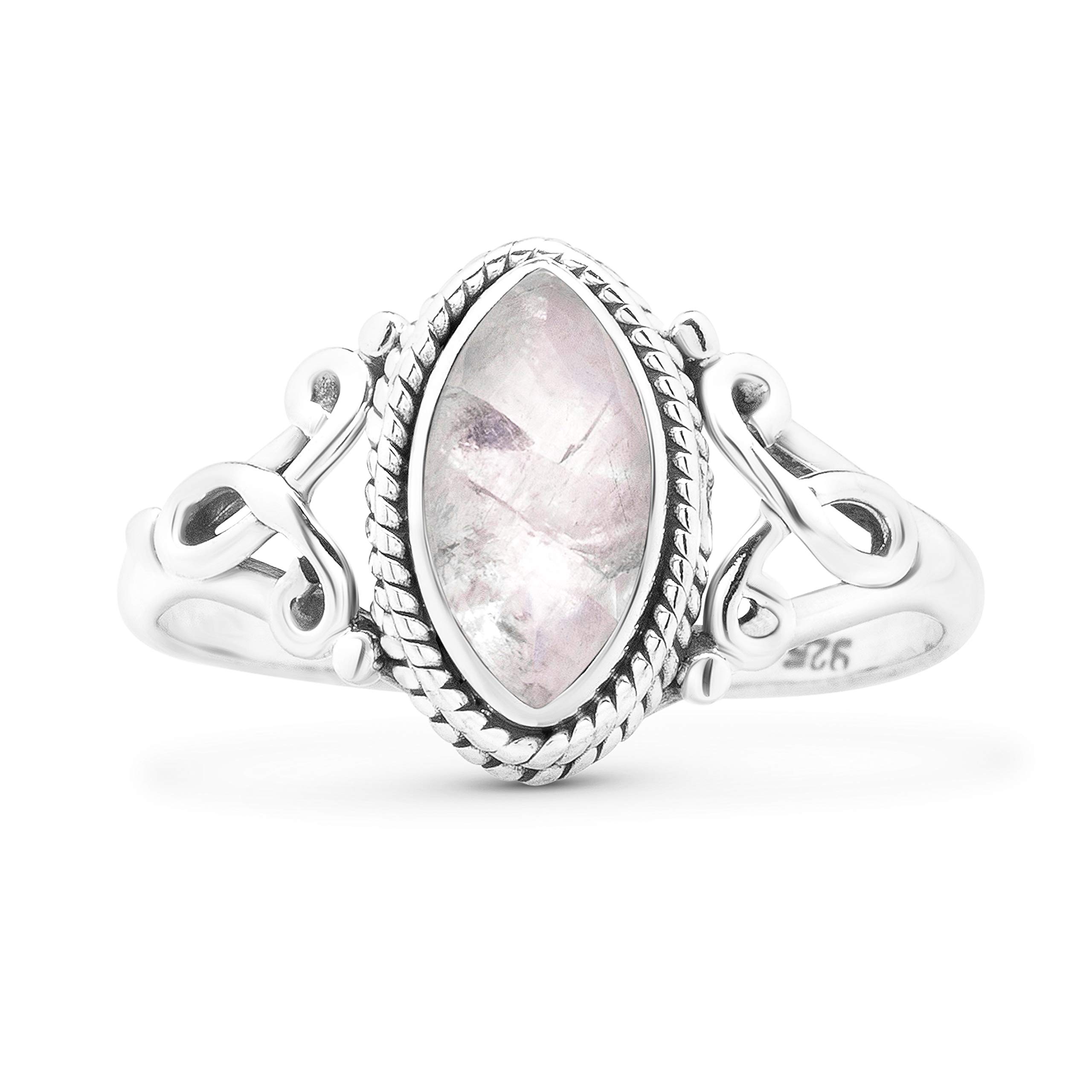 Koral Jewelry Cut Marquise Moonstone Ethnic Delicate Ring 925 Sterling Silver Vintage Tribal Gipsy Boho Look (7)