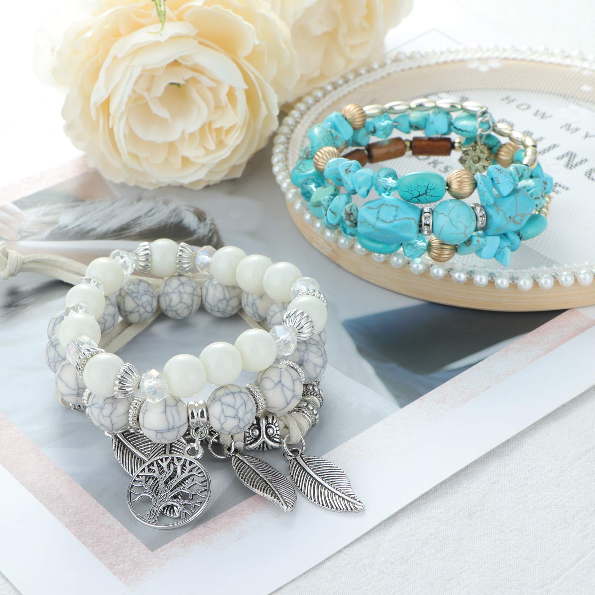 Jstyle 6Sets Bohemian Stackable Bead Bracelets for Women Stretch Multilayered Beaded Bracelet Set Leaf Tassel Charm Bangles Women Gifts