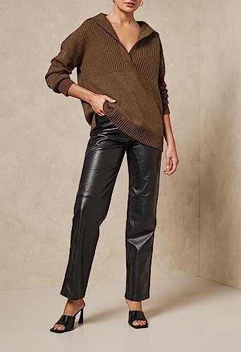 Women's 2023 Fall Casual Oversized Pullover Sweaters Lapel Collar V Neck Long Sleeve Ribbed Knit Jumper Tops Brown M