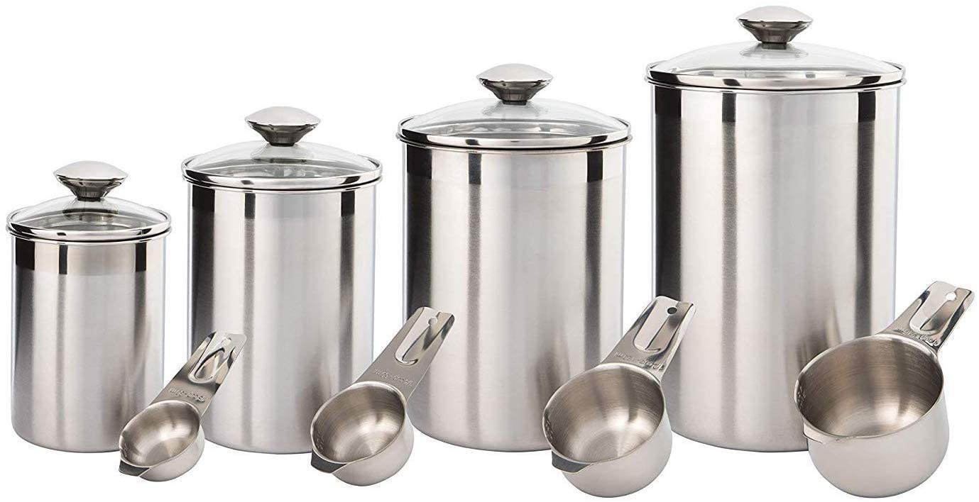 Kitchen Canister Set - Airtight Stainless Steel Canisters with Glass Lids - Clear See-Thru Top - Containers Set for Kitchen - Ideal for Food, Flour, Sugar, Coffee, Tea & Pantry Storage (8 Piece Large)