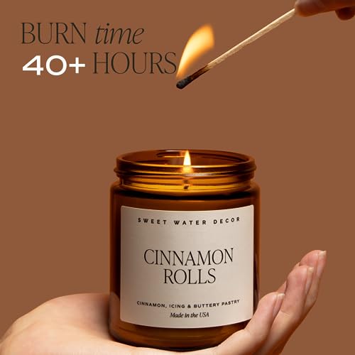 Sweet Water Decor Cinnamon Roll Candle | Cinnamon, Icing, Buttery Pastry Fall Scented Soy Candles for Home | 9oz Amber Jar, 40 Hour Burn Time, Made in the USA