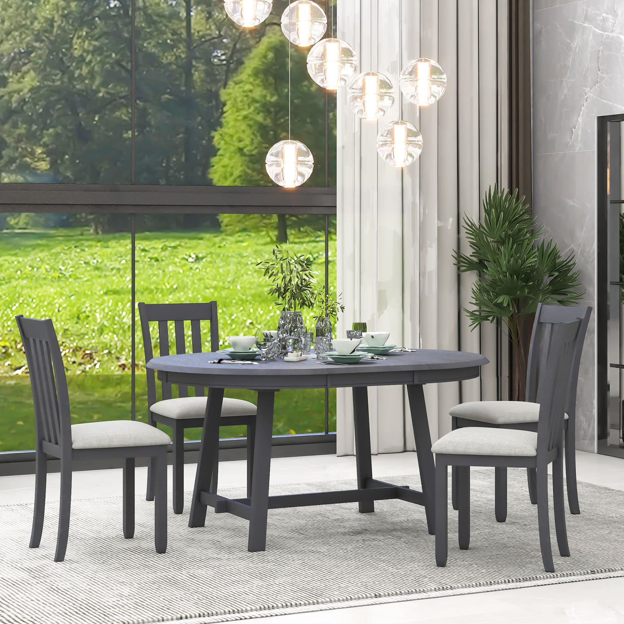 LAVHOME 5-Piece Extendable Round Set with 4 Chairs, Wood Kitchen Table for 4 People for Dining Room (Gray)