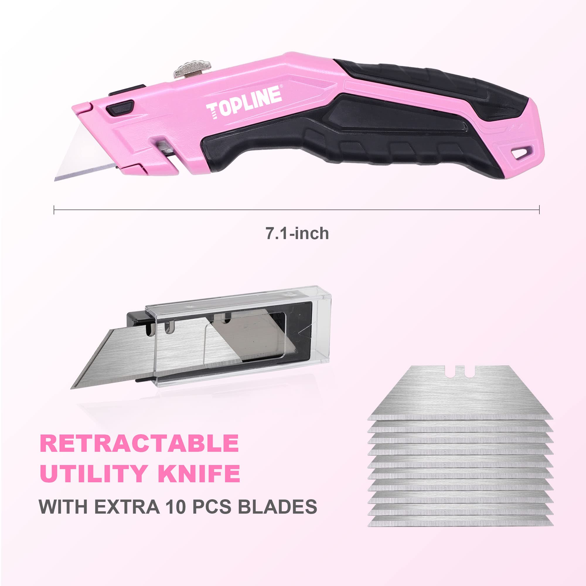 TOPLINE Retractable Pink Utility Knife, Retractable Pink Box Cutter, Blade Storage Design, 18-Piece SK5 Blades and a Dispenser Included (1 PACK(PINK))