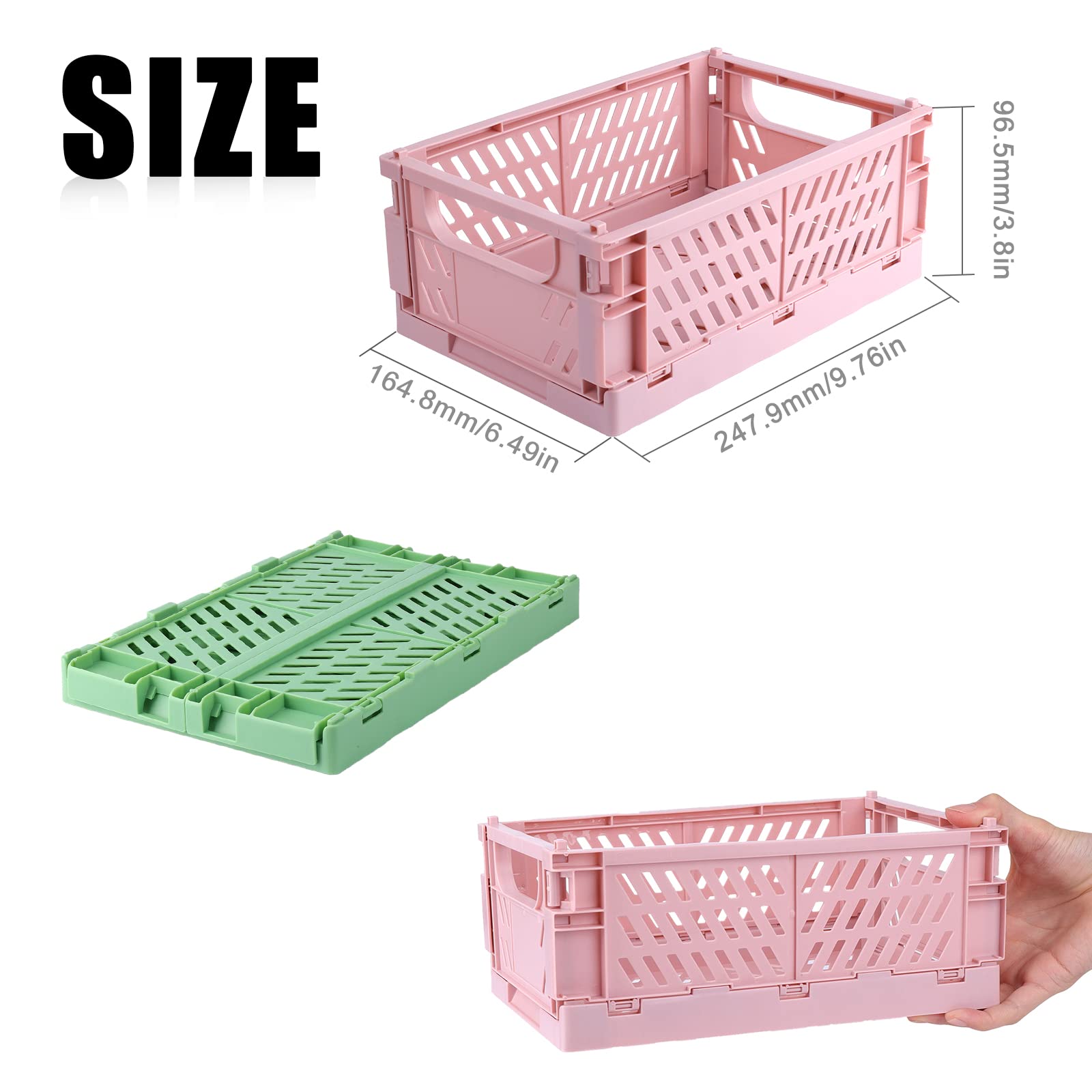 KINBOM 2 x Plastic Storage Baskets, Foldable Plastic Baskets, Light Colour Pastel Crate Desk Organizer for Bedroom, Bathroom, Home Office (25 x 16.5 x 9.7 cm)