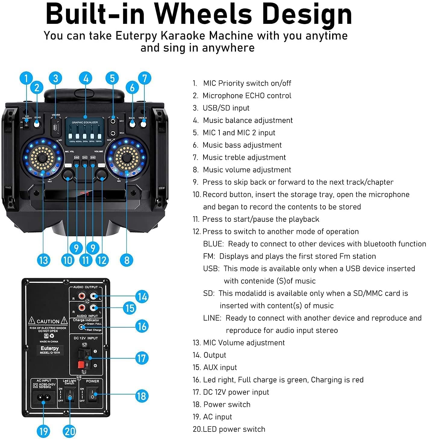 Karaoke Machine for Adults, Portable PA System Bluetooth Speaker with 10'' Subwoofer, 2 Wireless Microphones+DJ Light+iPad Stand, for Home Karaoke Singing, Party, Meeting, Class and Church