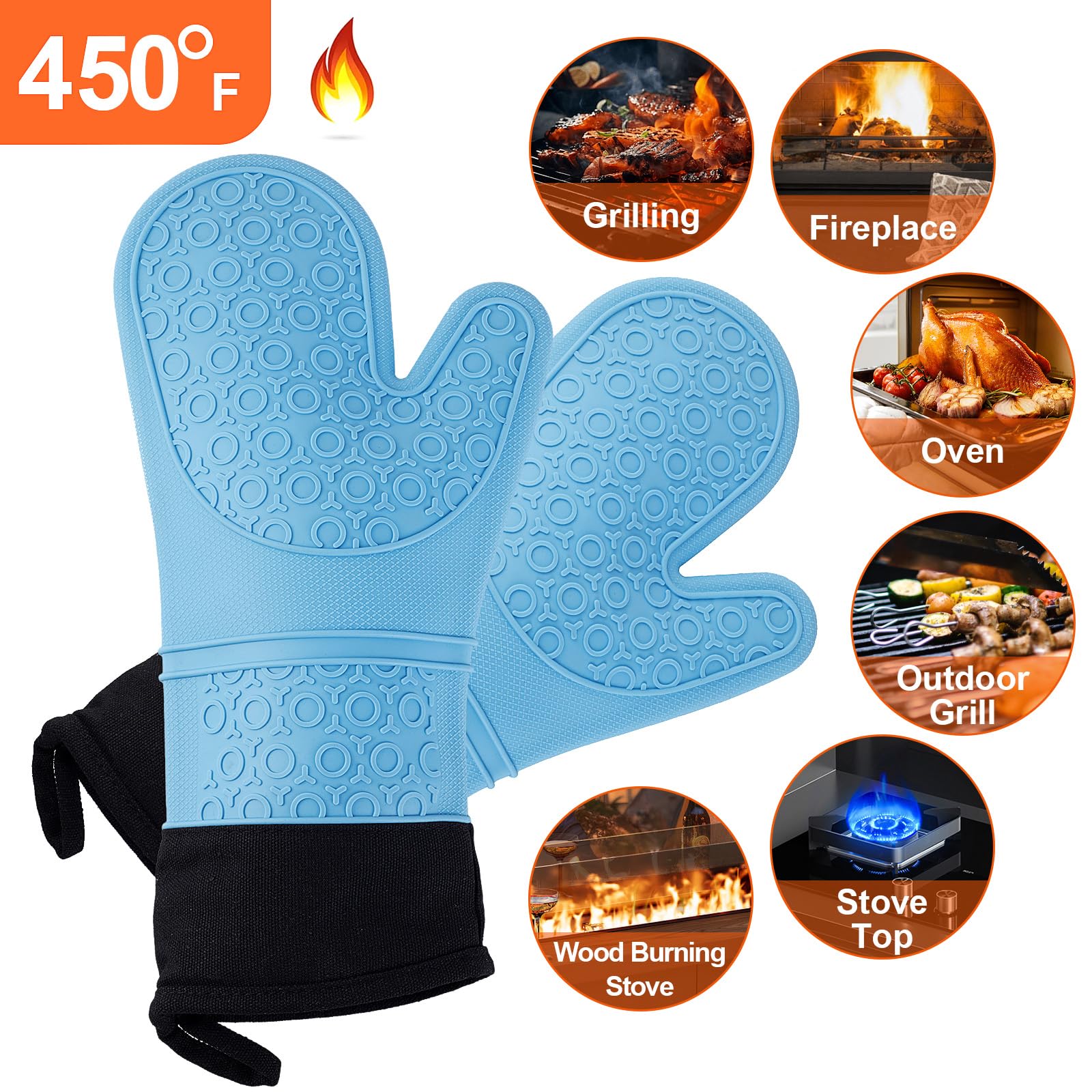 Obsoorth Heat Resistant Silicone Oven Mitts Waterproof Flexible Handle Hot Food Washable Blue Extra Long Anti-Slip Kitchen Glove for Baking Cooking BBQ, 1Pair
