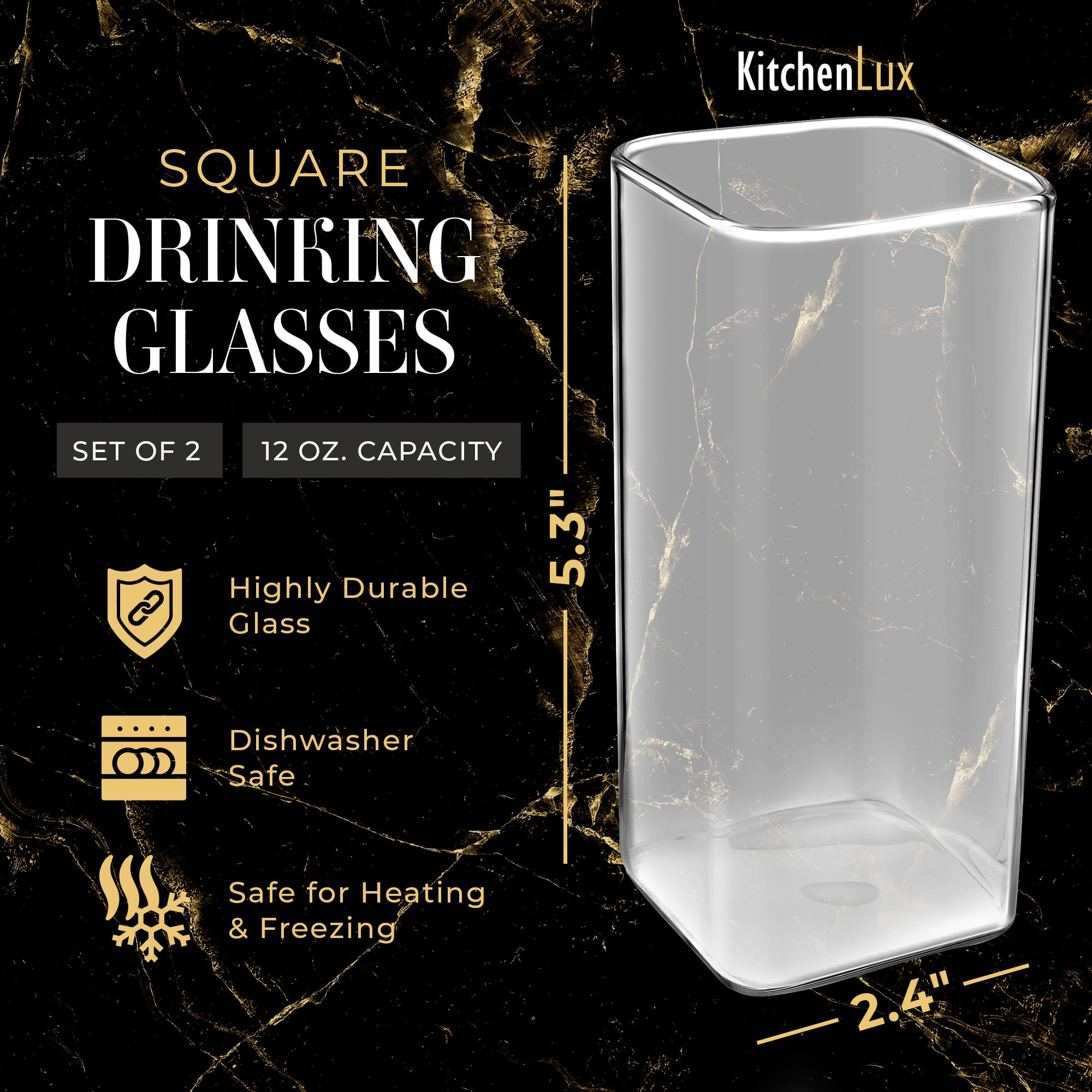 Kitchen Lux Square Drinking Glasses Set of 2 - Square Glass Cups 12 oz - Modern Glassware Set - Trendy Aesthetic Glass Ware for Highball Whiskey Cocktail Beer Water Tea Iced Coffee - Bar Accessories