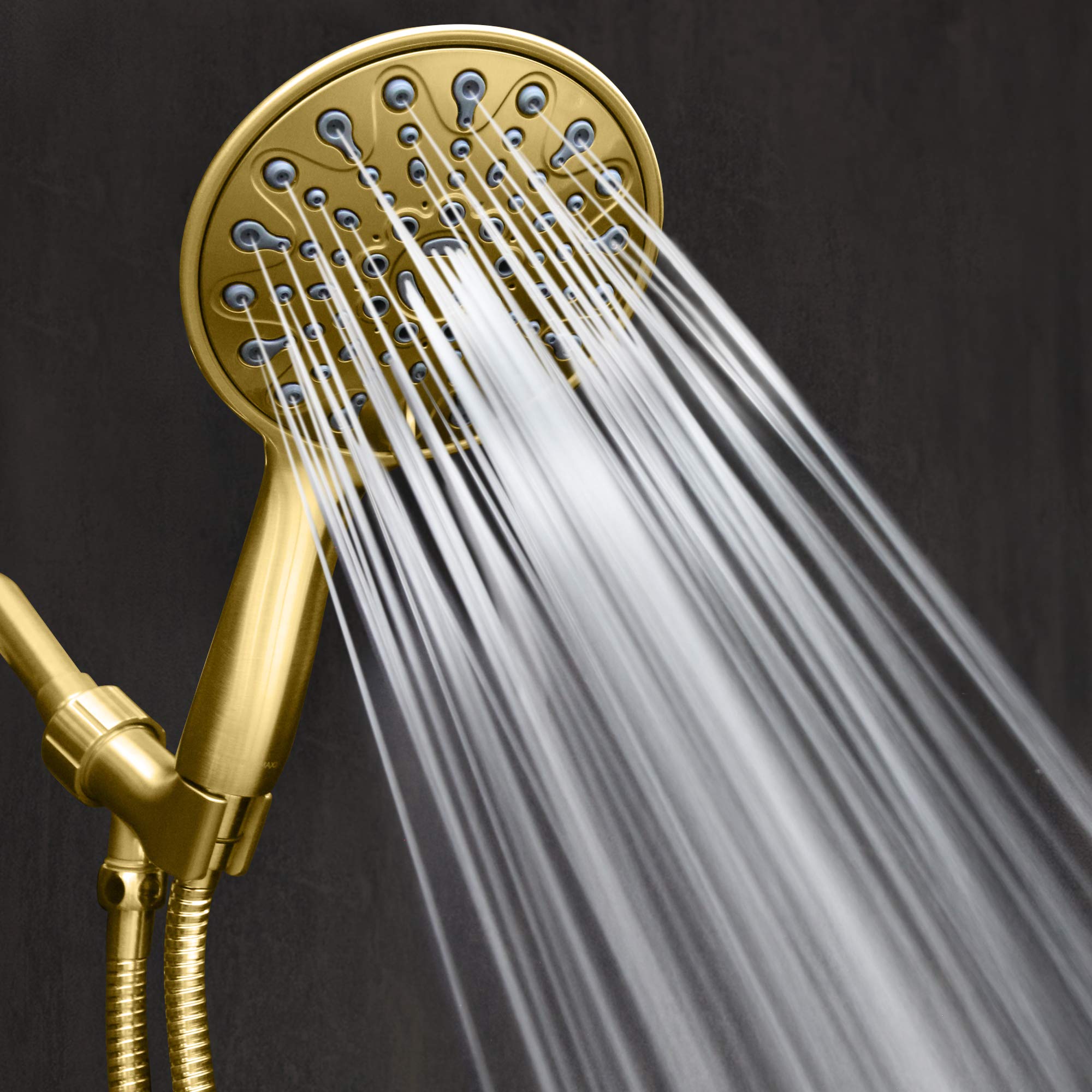 ShowerMaxx, Elite: ImperialShine Gold Finish Hand Held Rain Shower Head, Large 6 inch 6 Spray Settings Handheld Rainfall Showerhead with Long Stainless Steel Hose, (Polished Brass/ImperialShine Gold)