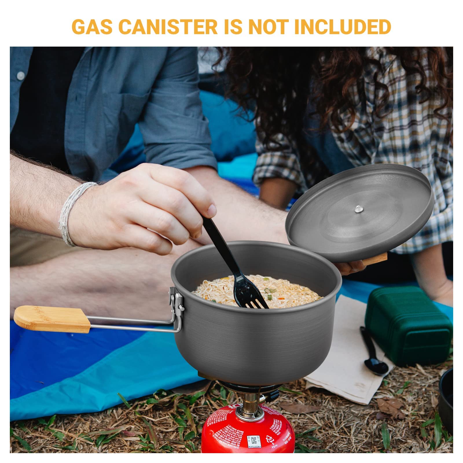 KingCamp 7pcs Camping Cookware Mess Kit Aluminum Folding Camping Pots and Pans Set with Bamboo Handle Lightweight Backpacking Cooking Set Outdoor Cook Gear for Family Hiking Picnic