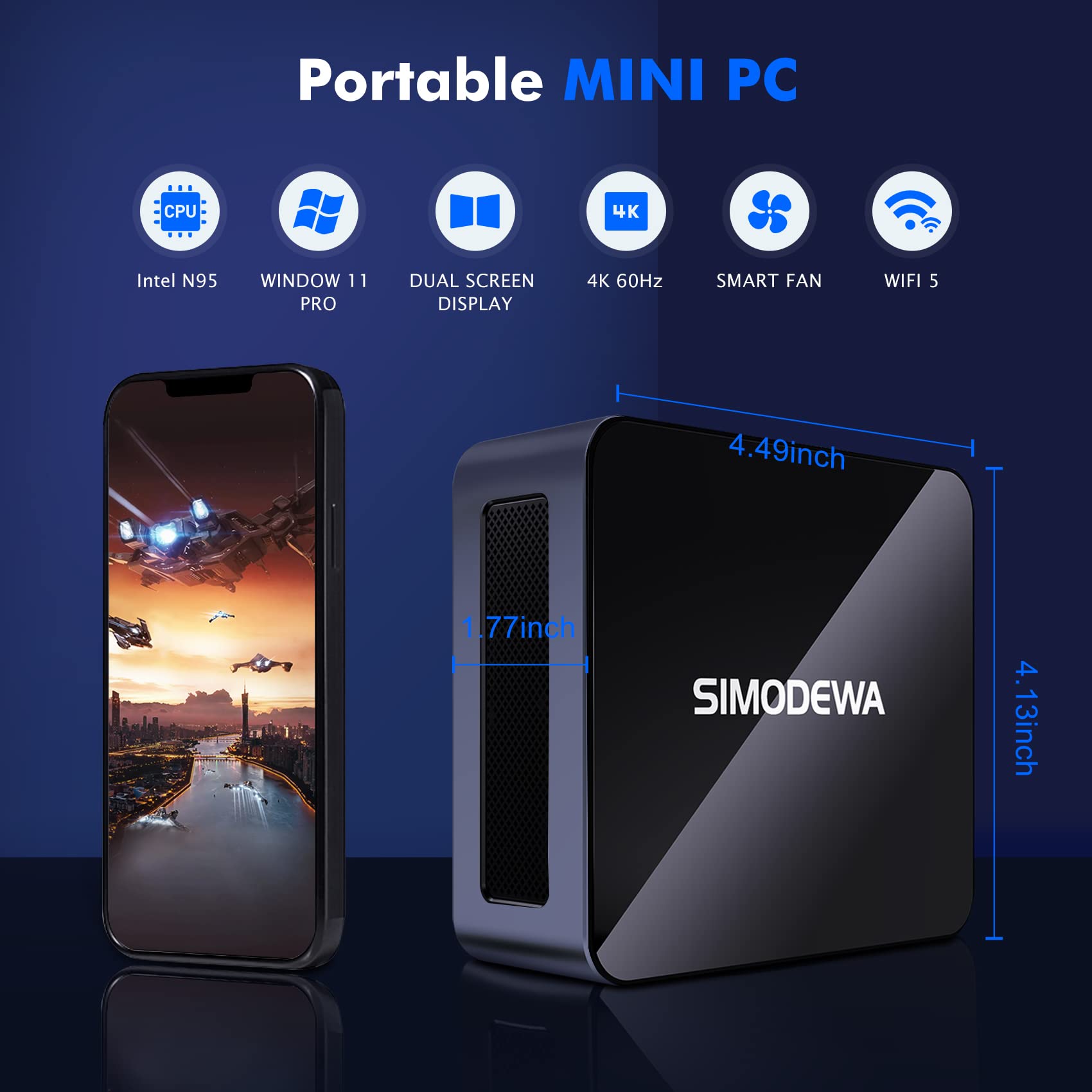 SIMODEWA Mini PC - 12TH Intel Alder Lake - N N95 up to 3.4 GHz, 8GB DDR4, 256GB NVMe SSD, Windows 11 Pro, 4K Display Dual HDMI, USB 3.0 * 4, WiFi 5 BT 4.2 for Office and Home Using