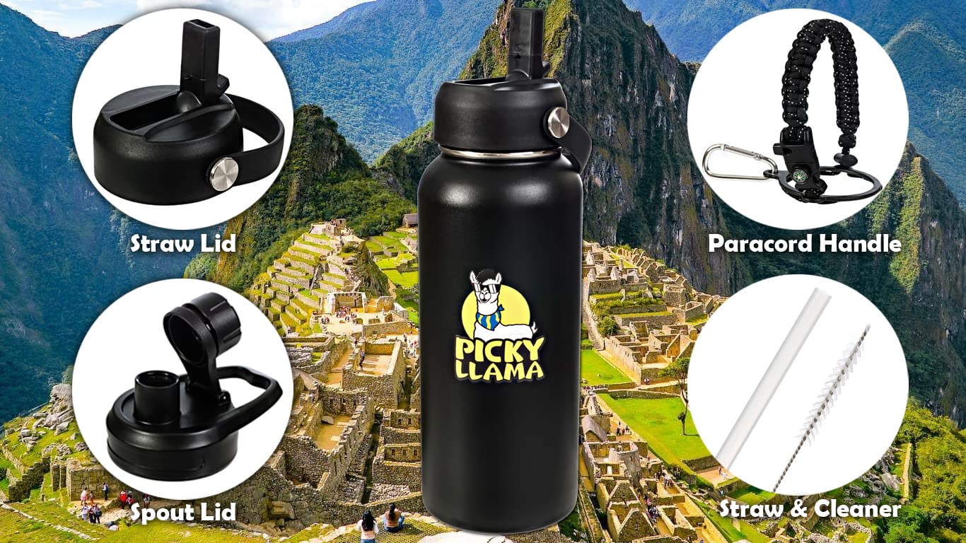 Picky Llama Sports Water Bottle - 32oz, 2 Lids (Straw & Spout), Paracord Handle, Leak Proof, Vacuum Insulated Stainless Steel, Double Walled, 24 Hours Cold, 12 Hours Hot, Reusable (32oz, Black)