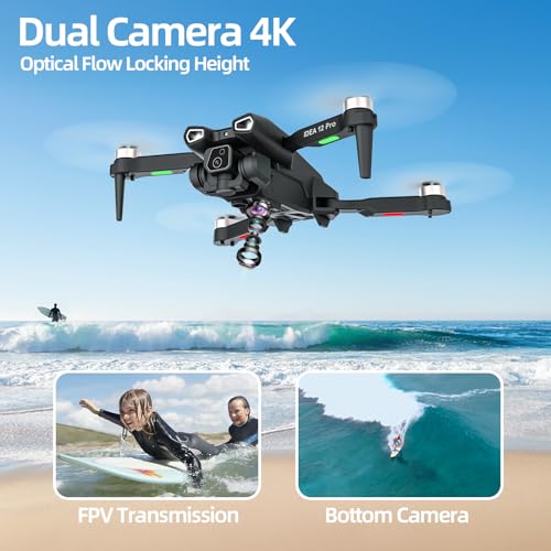 le-idea Brushless Motor Drone, Drones with Camera for Adults 4K 135° Adjustable Camera Drone for Adults Max 40km/h Dual Camera 5G WiFi FPV Drone for Beginners 2 Batteries IDEA12Pro