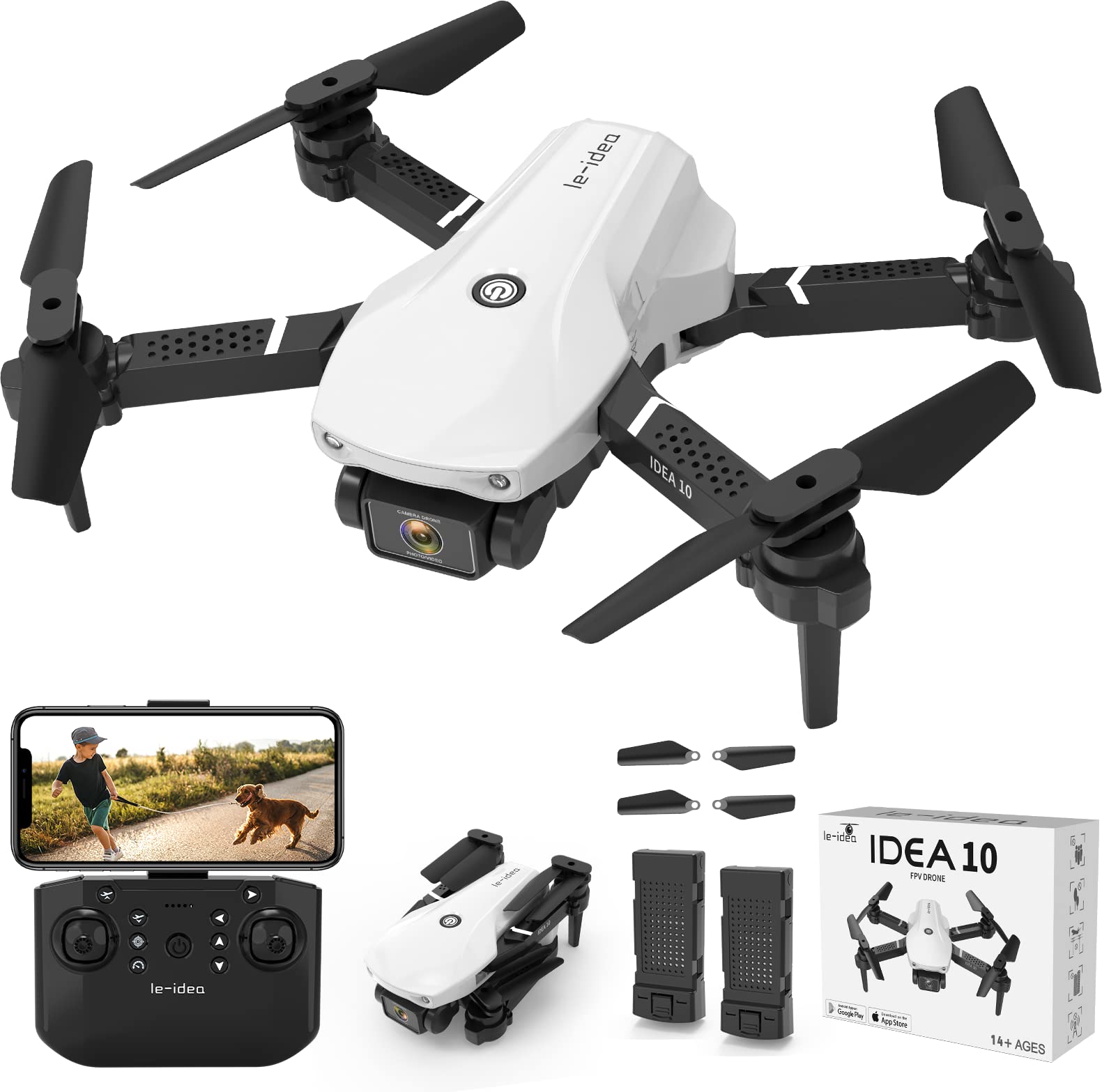 le-idea Mini Drone with Camera, 2 Cameras IDEA10 FPV Drones 720P HD, Foldable RC Quadcopters with Optical Flow Positioning Helicopter for Beginners, 3D Flips, 2 Batteries