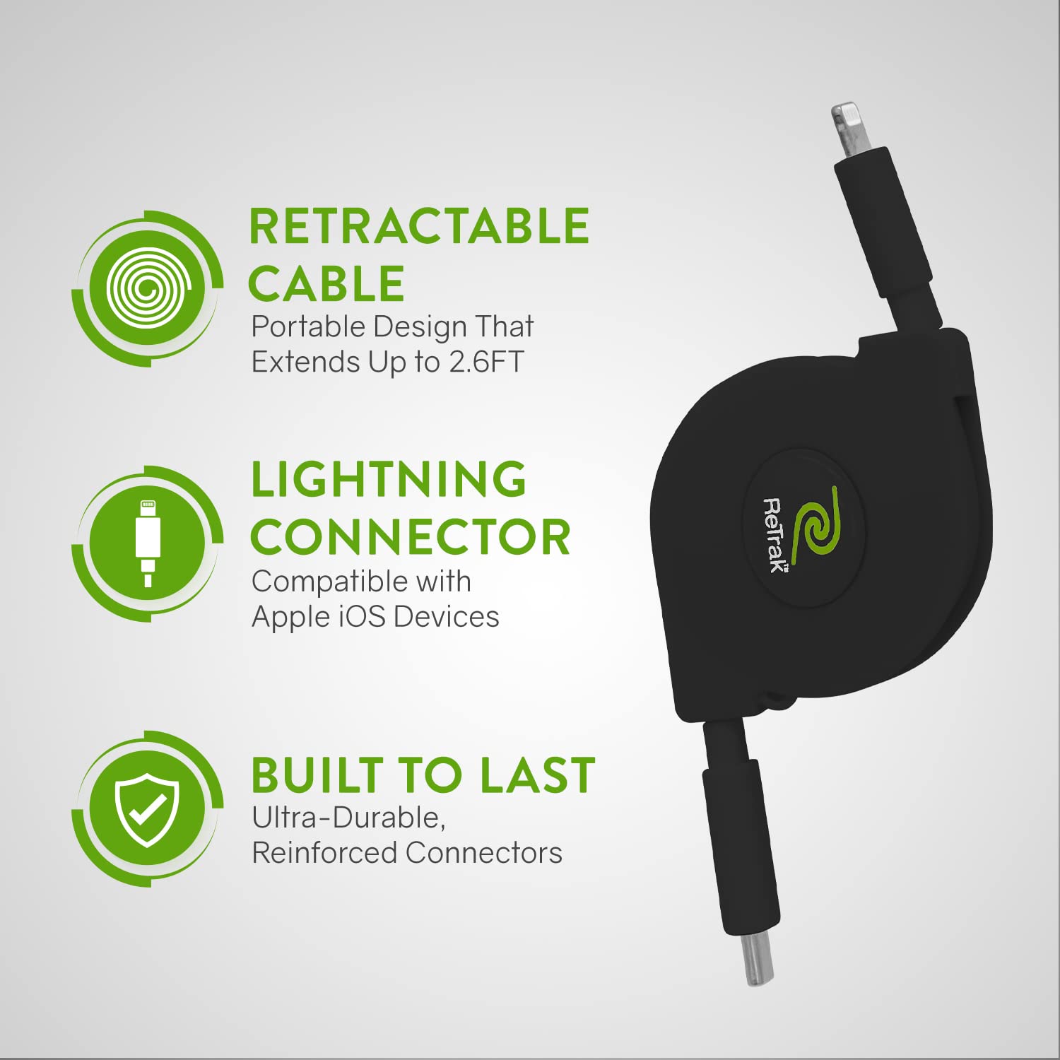 ReTrak Premier Series Retractable Lightning to USB-C Charge and Sync Cable, 18W High Speed Charging Lightning to Type C Charger for iPhone 13s, AirPods Pro, 2.6ft, Black, 2.6 Feet (ETLTCBLK)