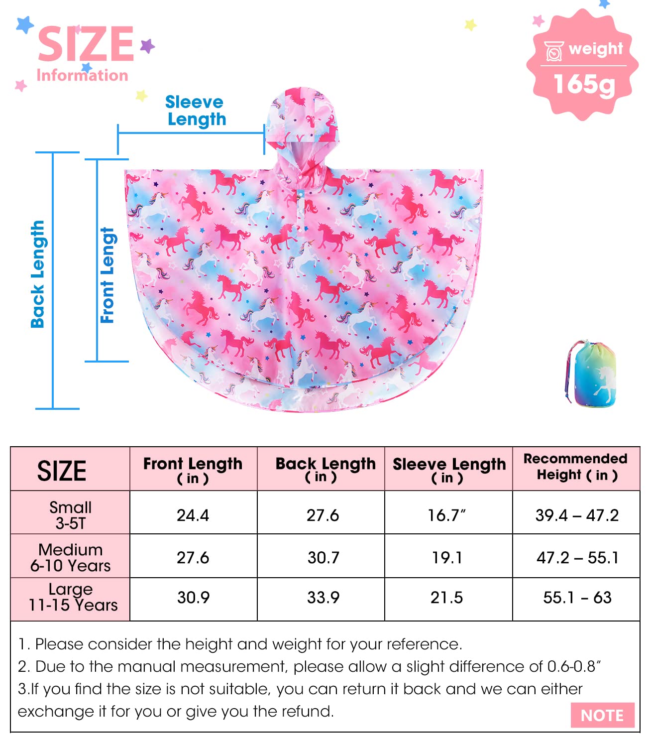WAWSAM Lightweight Kids Rain Poncho Reusable Toddler Raincoat Waterproof Girls Rain Jacket