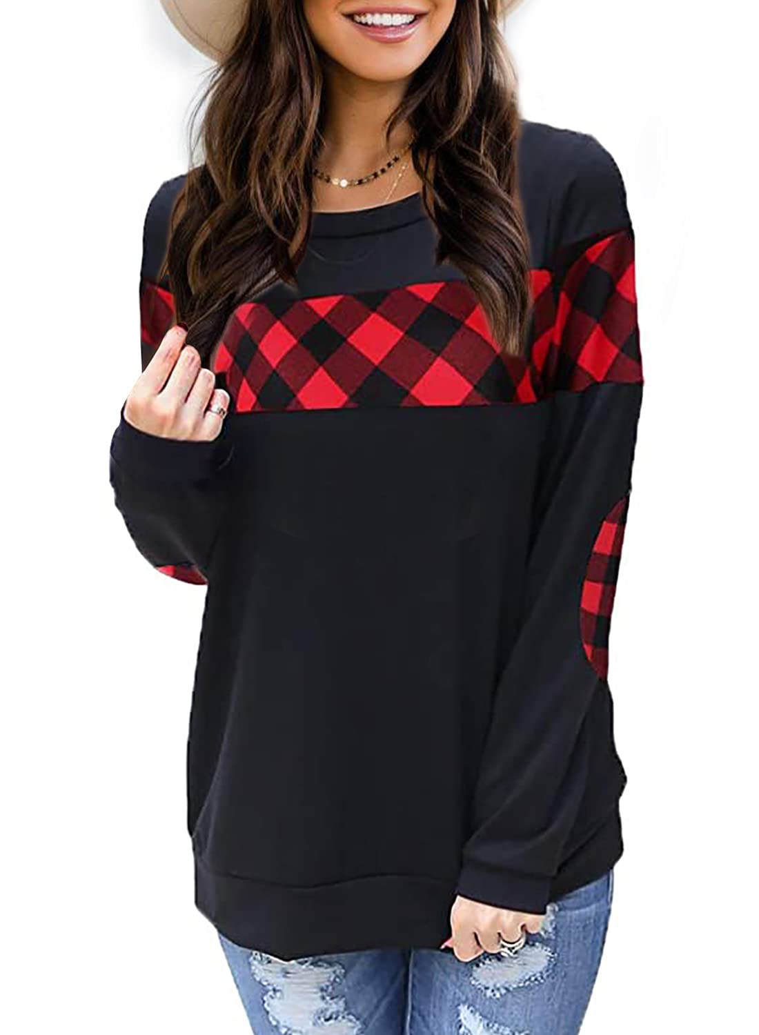 Mokayee Red and Black Buffalo Plaid Shirt for Womens Long Sleeve Color Block Crew Neck Tops Elbow Patch Casual Shirt Pullover Sweatshirt 2XL