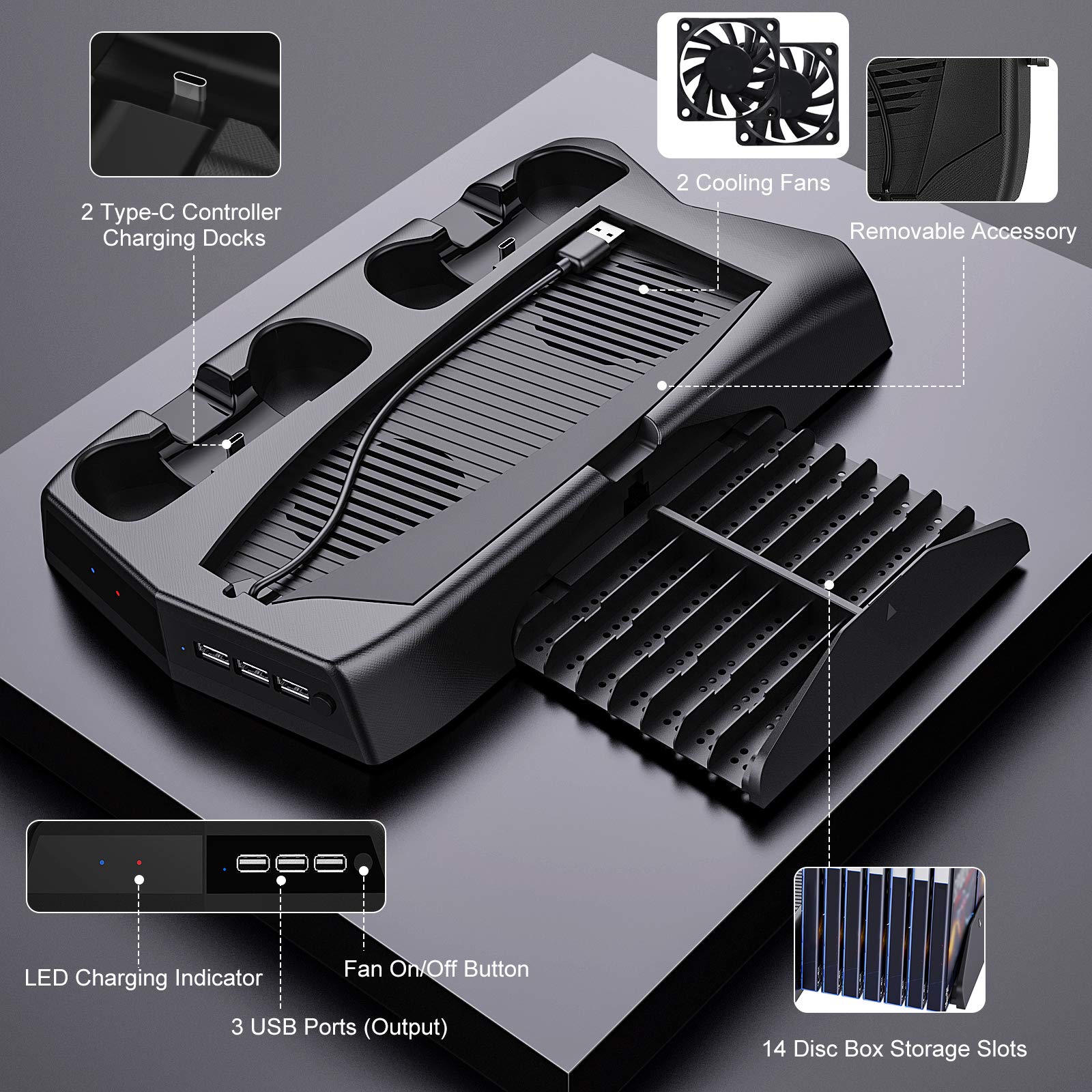 MoKo Cooling Fan Vertical Charger Stand for PS5, 3 in 1 Charging Station Dock Compatible with Sony Playstation 5 Digital Edition/Ultra HD Console & DualSense Controllers with 14 Game Slots 3 USB Ports