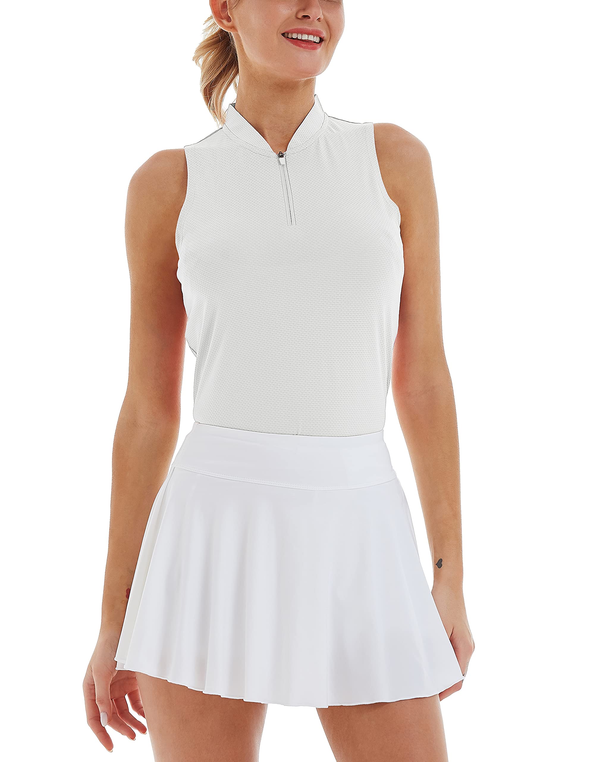 LastFor1 Women's Golf Polo Sleeveless Shirt Zip-Up UPF 50+ UV Protection Athletic Tops Slim Fit Quick Dry Lightweight White S