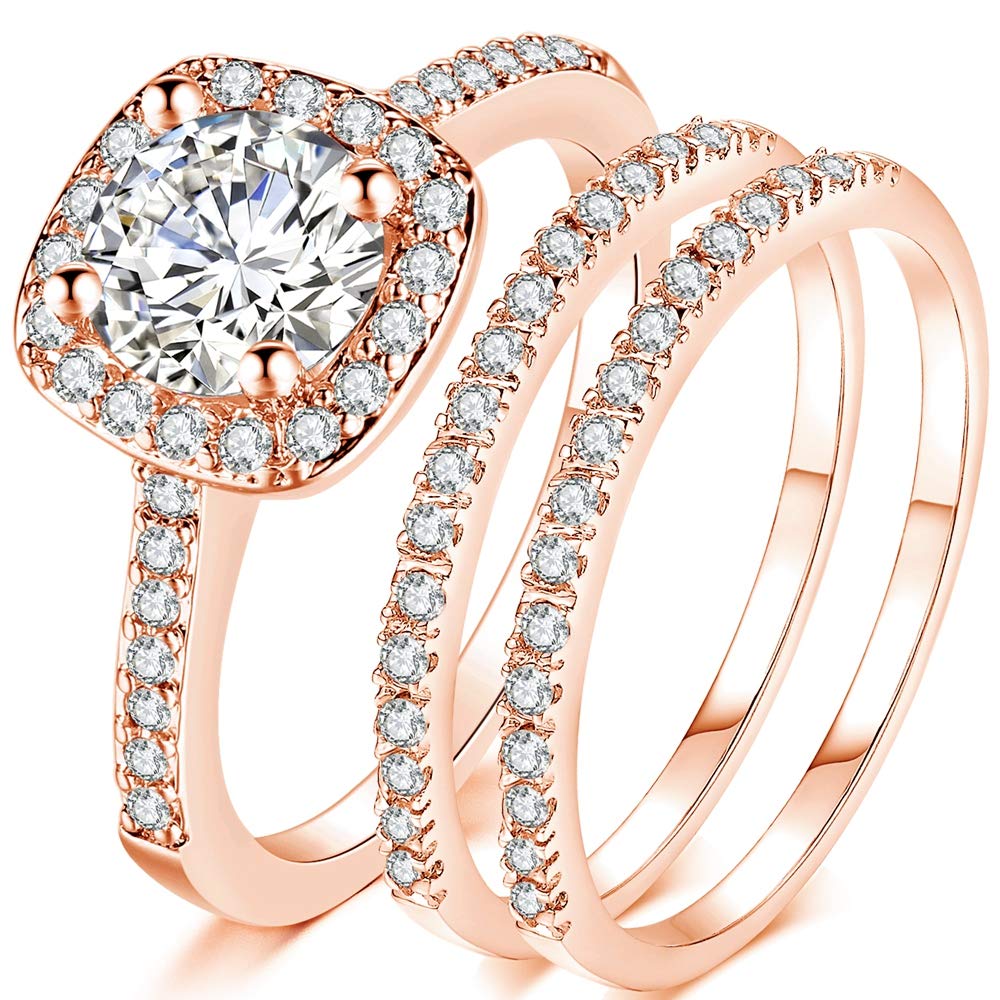 Jude Jewelers Silver Rose Gold Three-in-One Wedding Engagement Bridal Halo Ring Set (Rose Gold, 7)