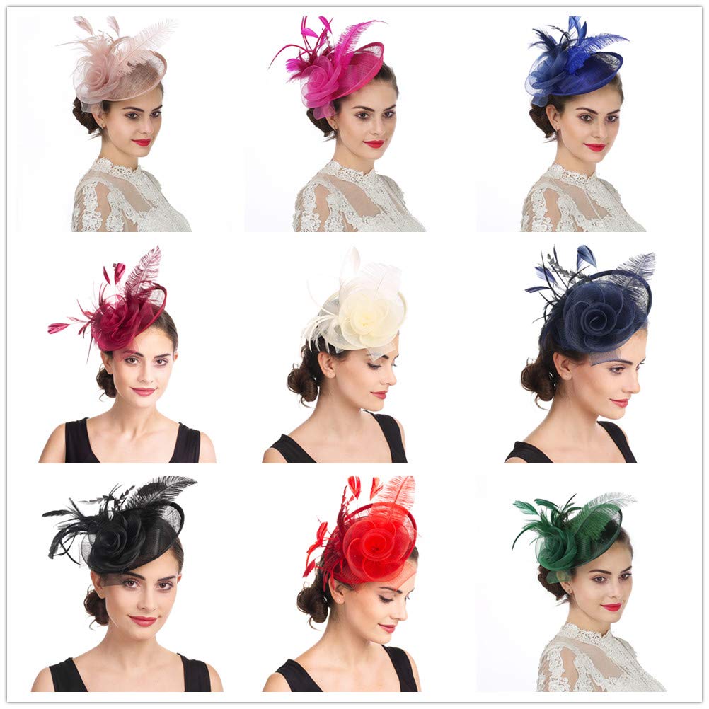 SAFERIN Fascinator for Women Hair Clip Hat Bowler Feather Flower Veil Wedding Party Hat Tea Hat(TA4-Fuchsia)