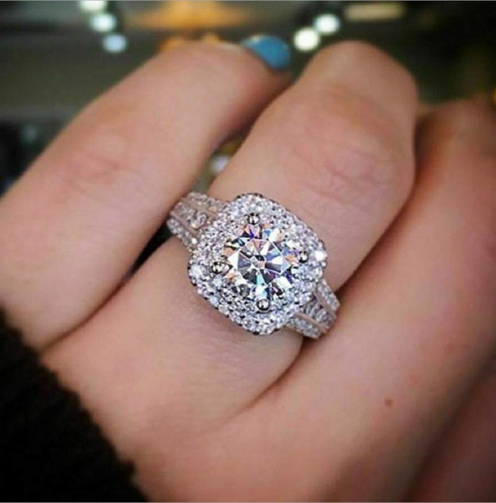 MAIHAO Princess Square Simulation Diamond Ring Double-Layer Super-Flash Zircon Ring in 925 Sterling Silve Cubic Zirconia Promise Halo Engagement Wedding Band Ring Size 6-10 (Size 8)