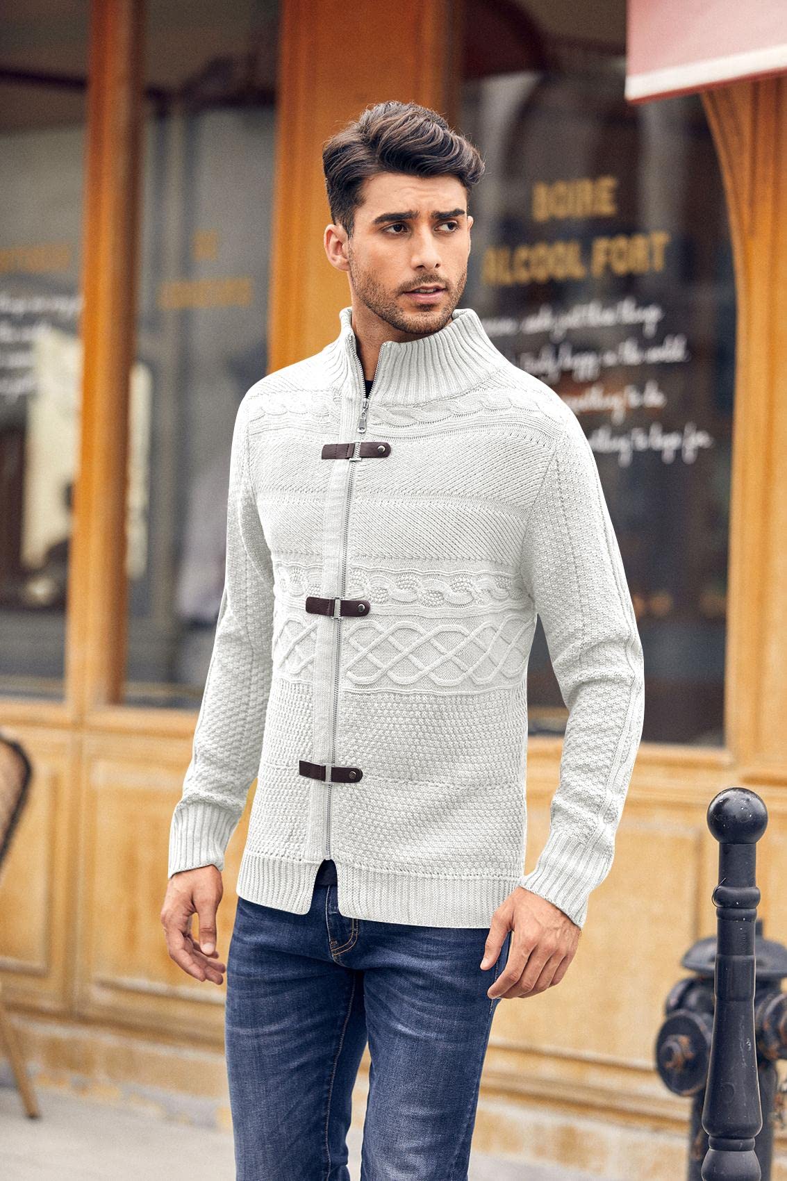 Karlywindow Mens Cable Knitted Cardigan Sweater Turtleneck Long Sleeve Slim Fit Winter Zipper Front Casual Pullover Sweaters