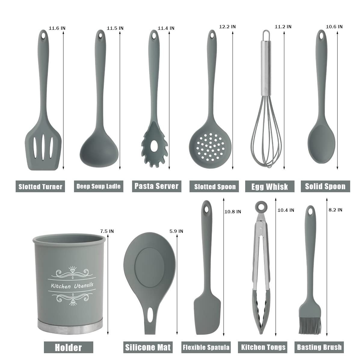 Kitchen Utensils Set, Silicone Cooking Utensils Set, 11 PCS Silicone Kitchen Utensil Set, Serving Utensils Kitchen Gadgets, Silicone Utensil Set Spatula Set Kitchen Tool (GREY)