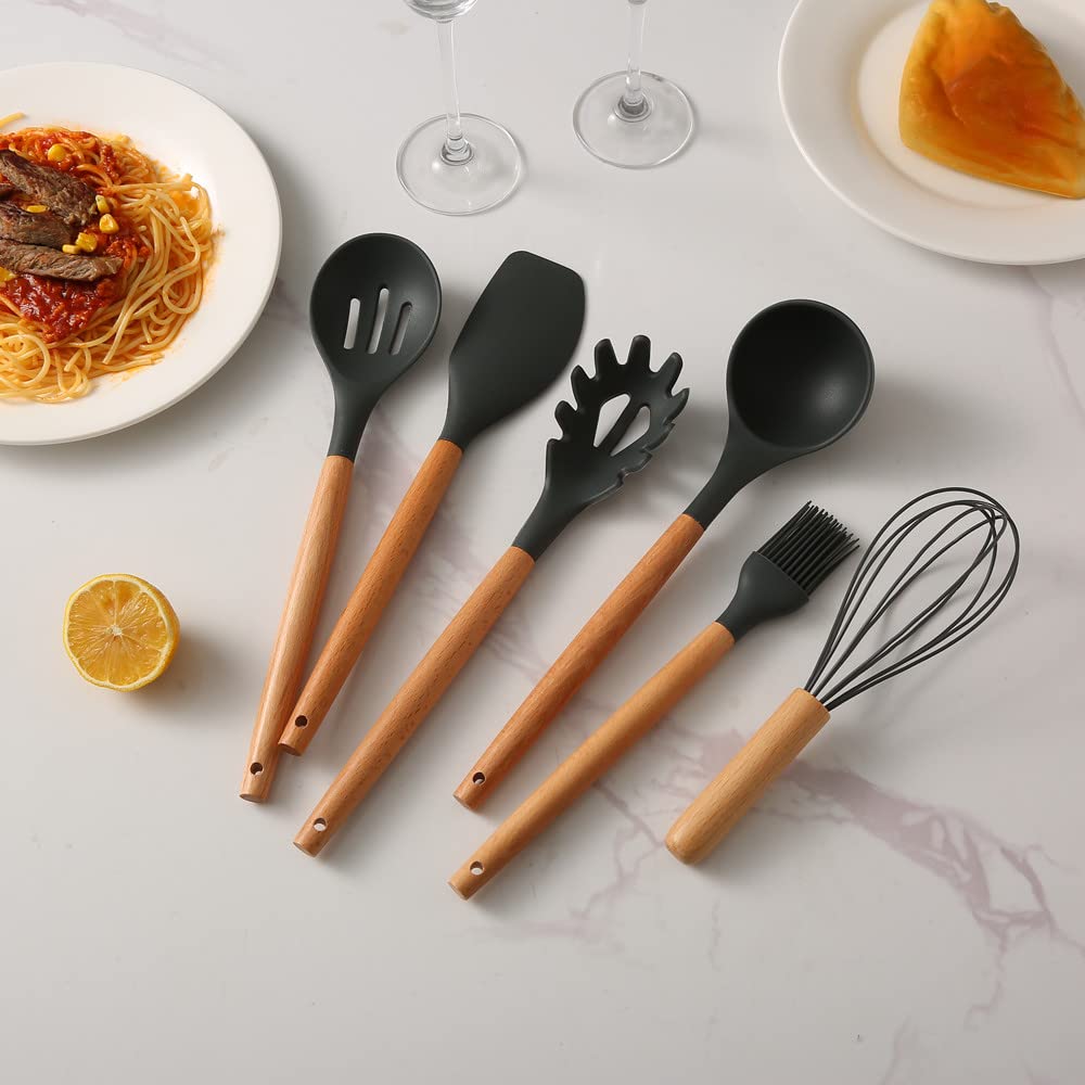 Kitchen Silicone Cooking Utensils Set with Wooden Handle. 446°F Heat Resistant, BPA free, Dishwasher Safe Non-Stick Silicone Kitchen Gadgets Cookware Set(12pcs Set) (White)