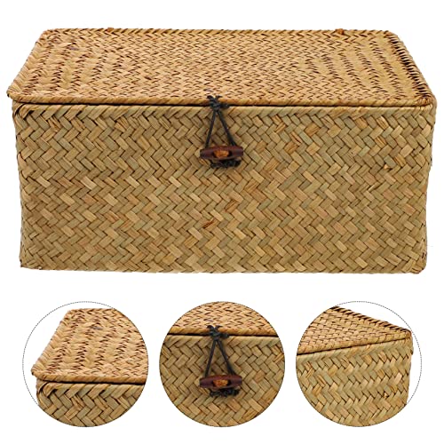 Woven Storage Basket Woven Wicker Storage Bins with Lid Seagrass Shelf Basket Rectangular Rattan Storage Basket Makeup Organizer Box for Toilet Paper Laundry Kids Snack Containers