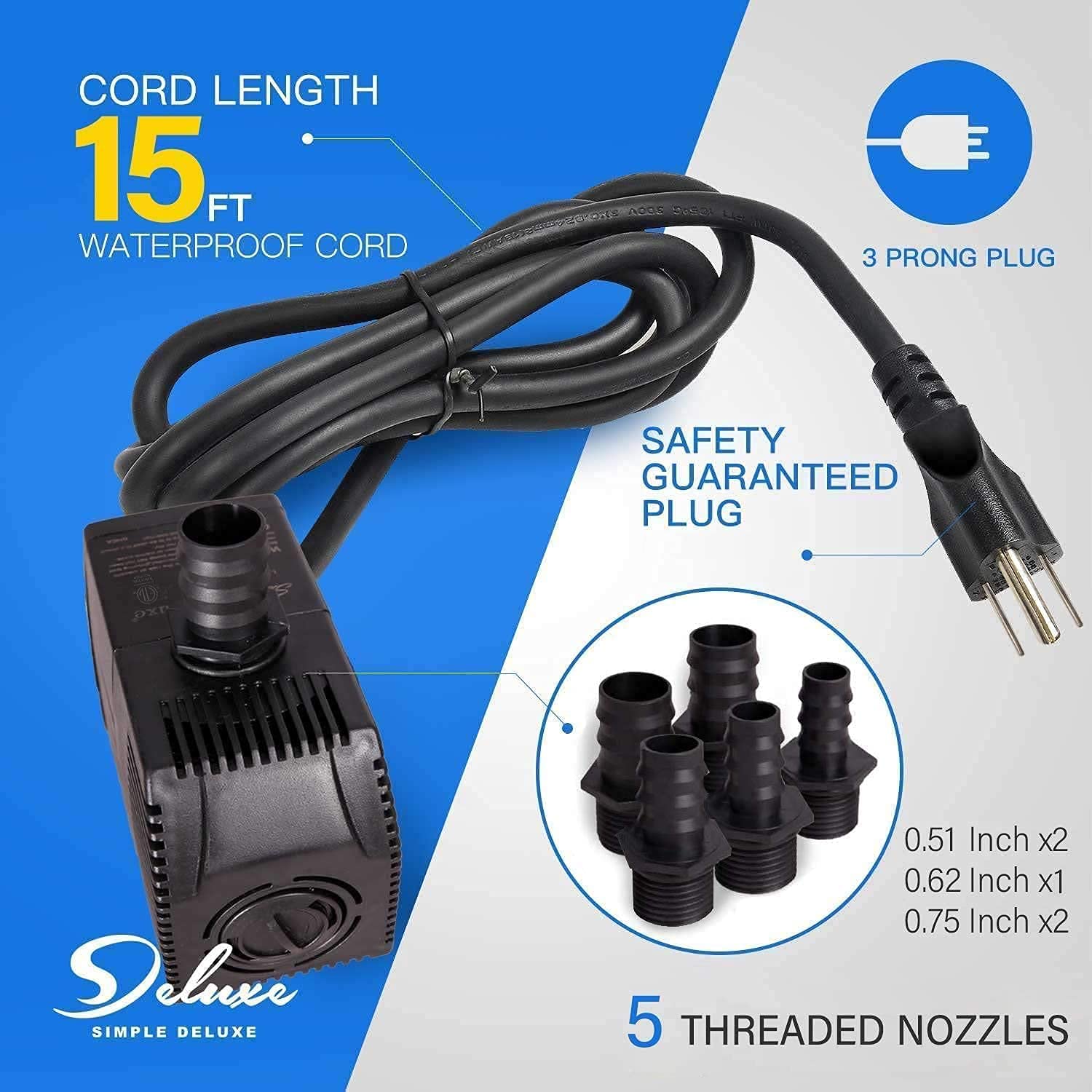 Simple Deluxe 400 GPH Submersible Pump(1500L/H 54W) with 15' Cord for Fish Tank, Hydroponics, Fountains, Ponds, Statuary, Aquariums, Black