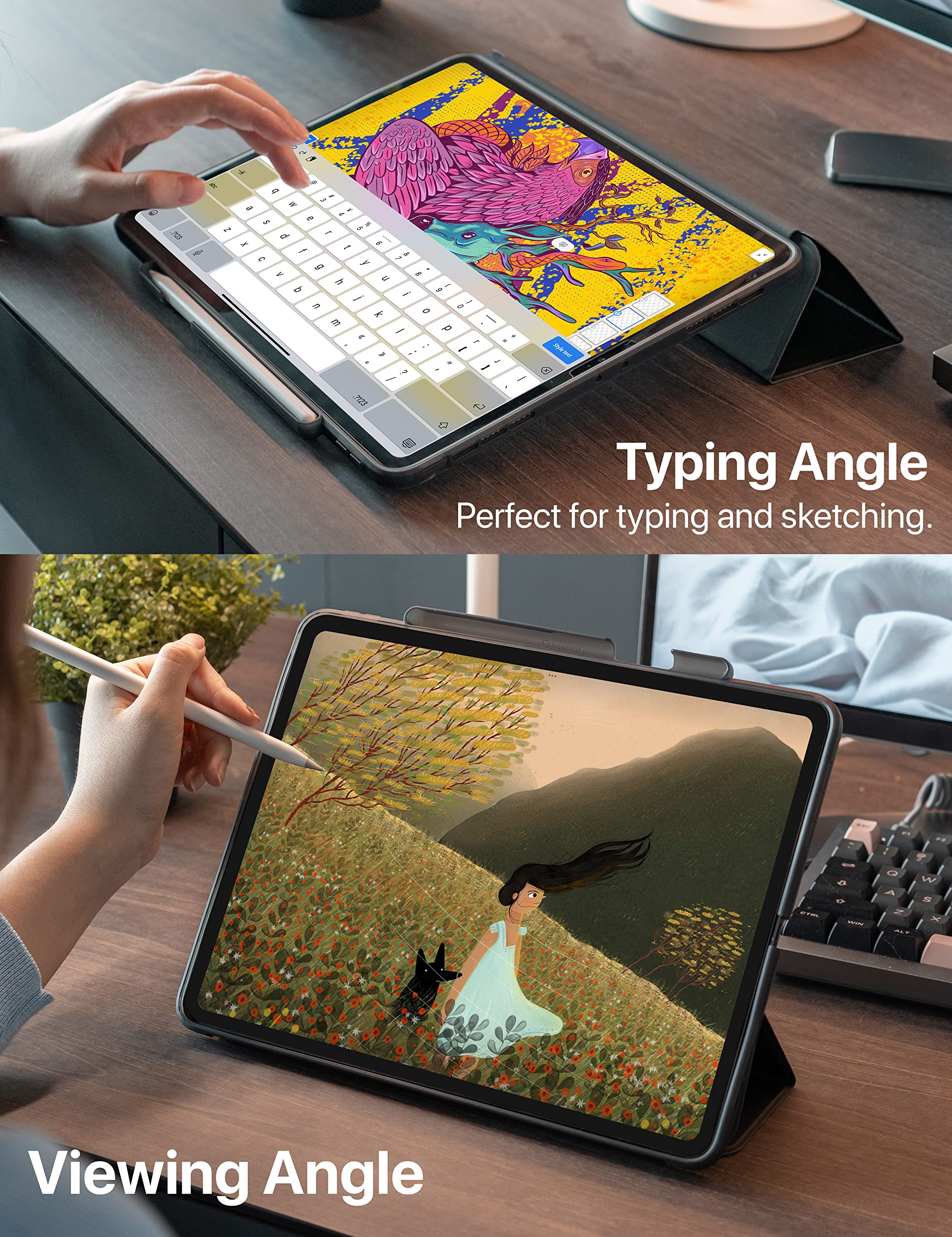 TineeOwl Mocha iPad Pro 11 inch Case 2022, 2021, 2020, 2018 (4th, 3rd, 2nd, 1st Generation) Ultra Slim Clear Case with Pencil Holder + Tri-fold Stand Cover, Lightweight (Frosted Black/Clear Back)