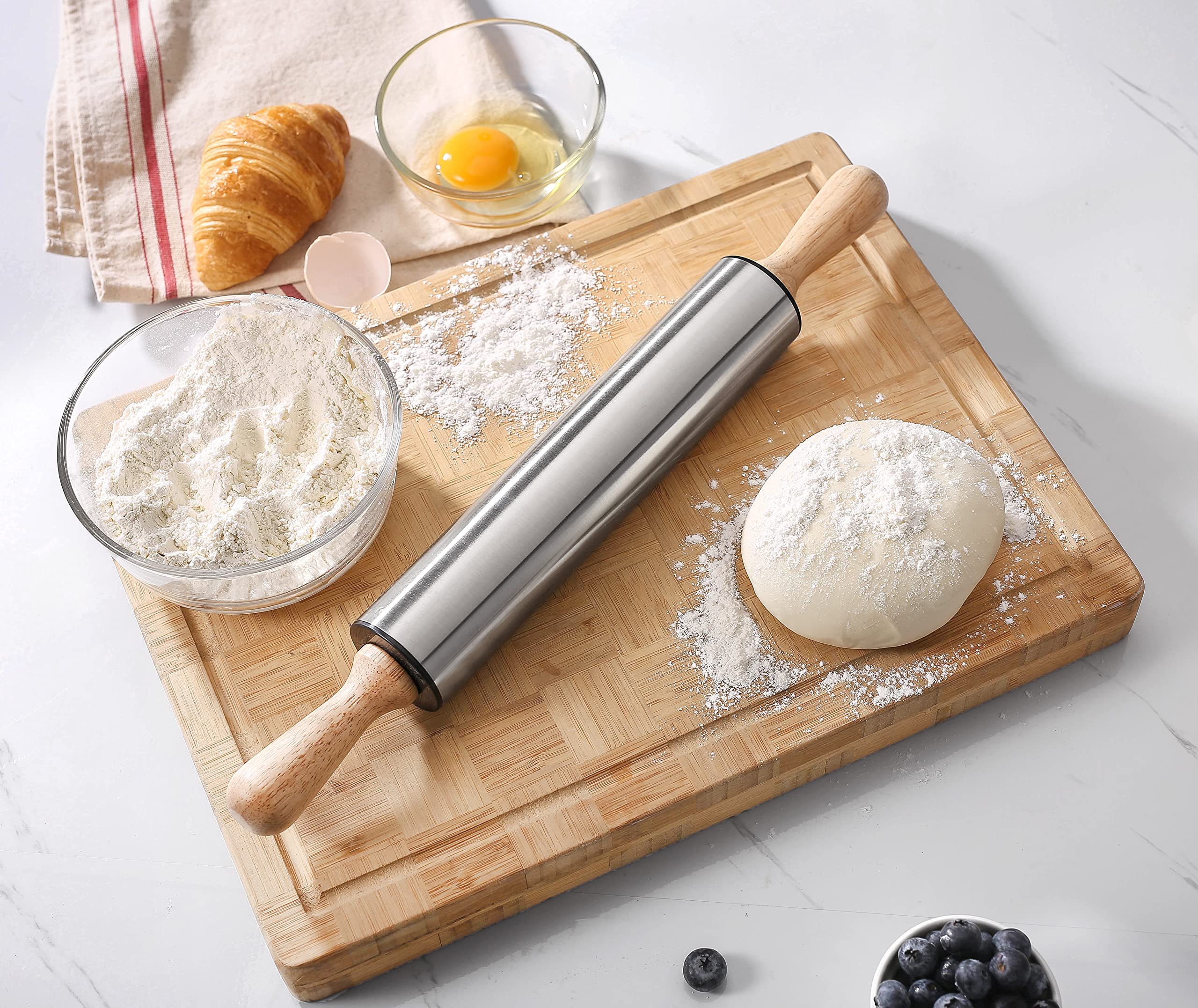 Rolling Pin with Wooden handle,9.6inch Stainless Steel Roller, rolling pins for baking,Which can be used to make Pizza, Pie Crust, Cookies, Pastry,sugar,Pasta and other dough.By Amber&Sean