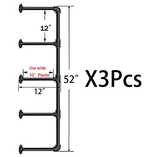 Tianman Industrial Wall Mount Iron Pipe Shelf Shelves Shelving Bracket Vintage Retro Black DIY Open Bookshelf DIY Storage offcie Room Kitchen Shelves (3Pcs,52" Tall,12" deep)