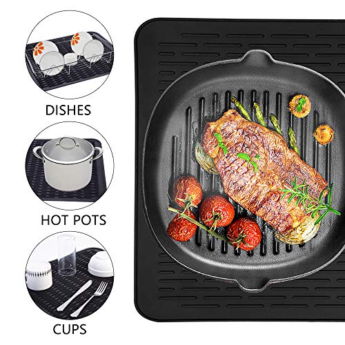 Piduules Eco-friendly Silicone Dish Drying Mat Large Reusable Non-slipping and Heat Resistant Dish Quick Drying Pad, Dishwasher Safe, Black XL 18βx15.8β